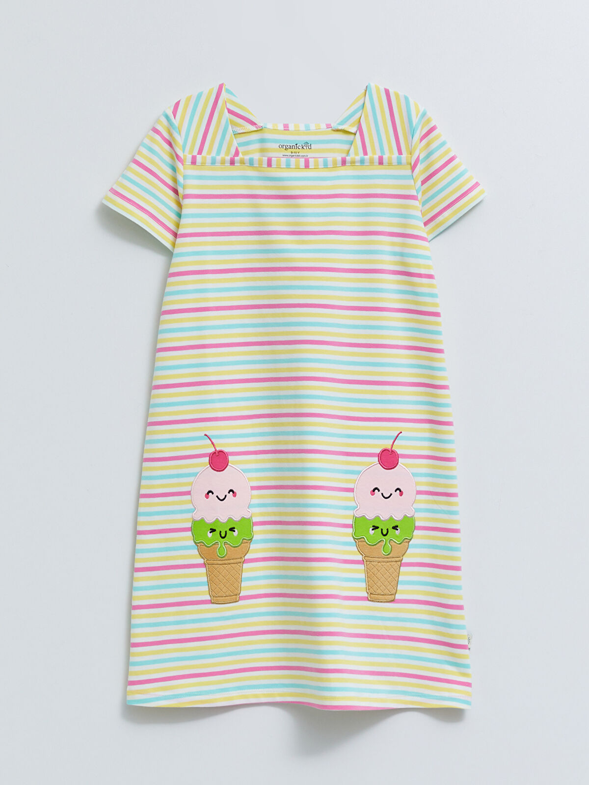 Organickid Kare Yaka Çizgili Nakış Detaylı Kısa Kollu Organik Pamuklu Kız Çocuk Elbise