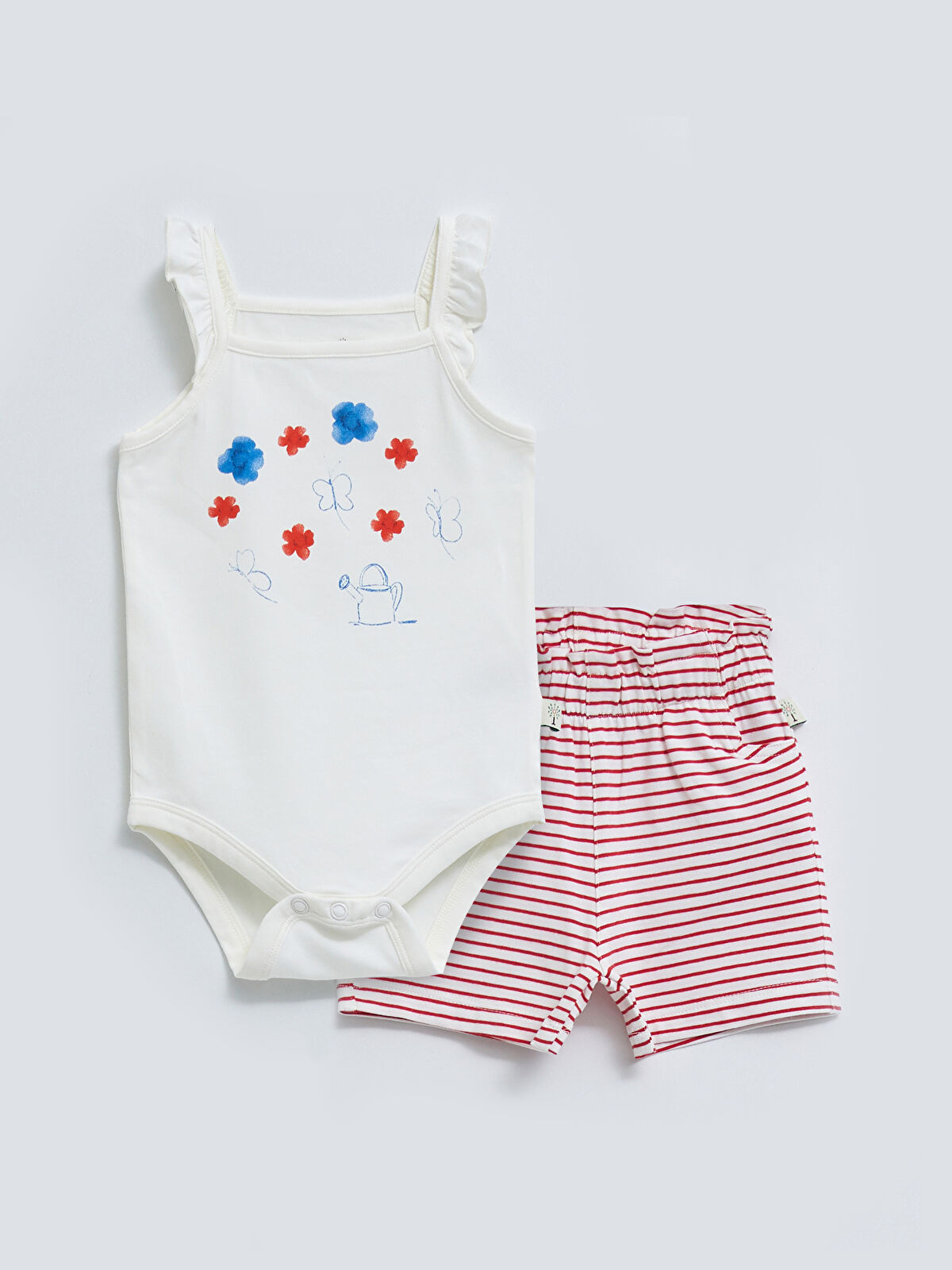 Organickid Kare Yaka Askılı Kız Bebek Çıtçıtlı Body ve Şort 2'li