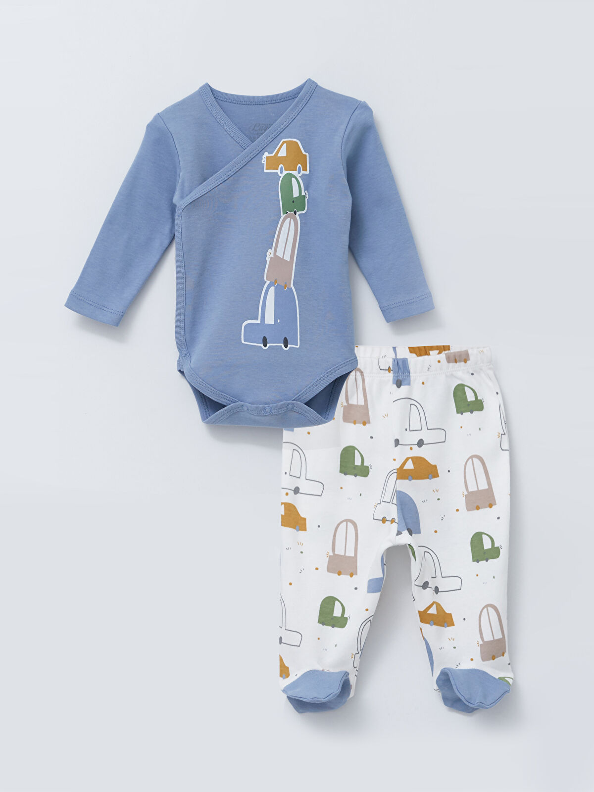 Luggi Baby V Yaka Baskılı Erkek Bebek Çıtçıtlı Body ve Pantolon 2'li Takım