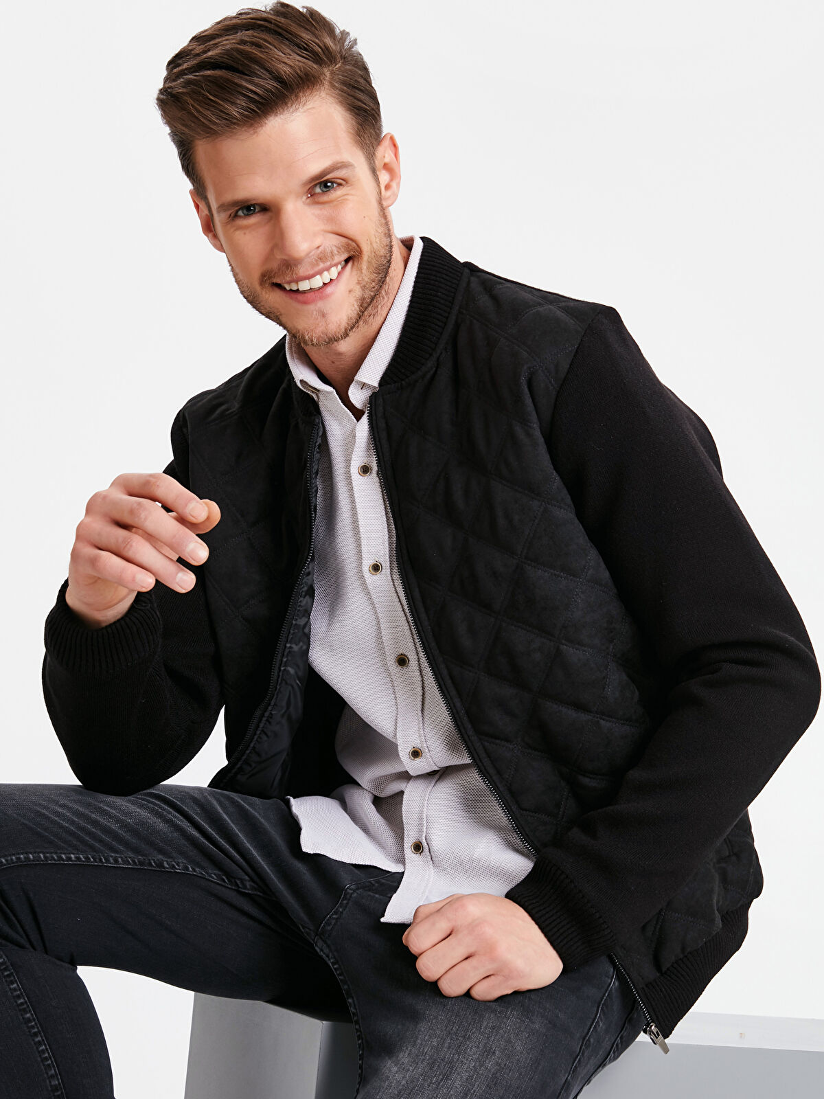 Kolej Yaka Uzun Kollu Fermuarlı Erkek Triko Hırka