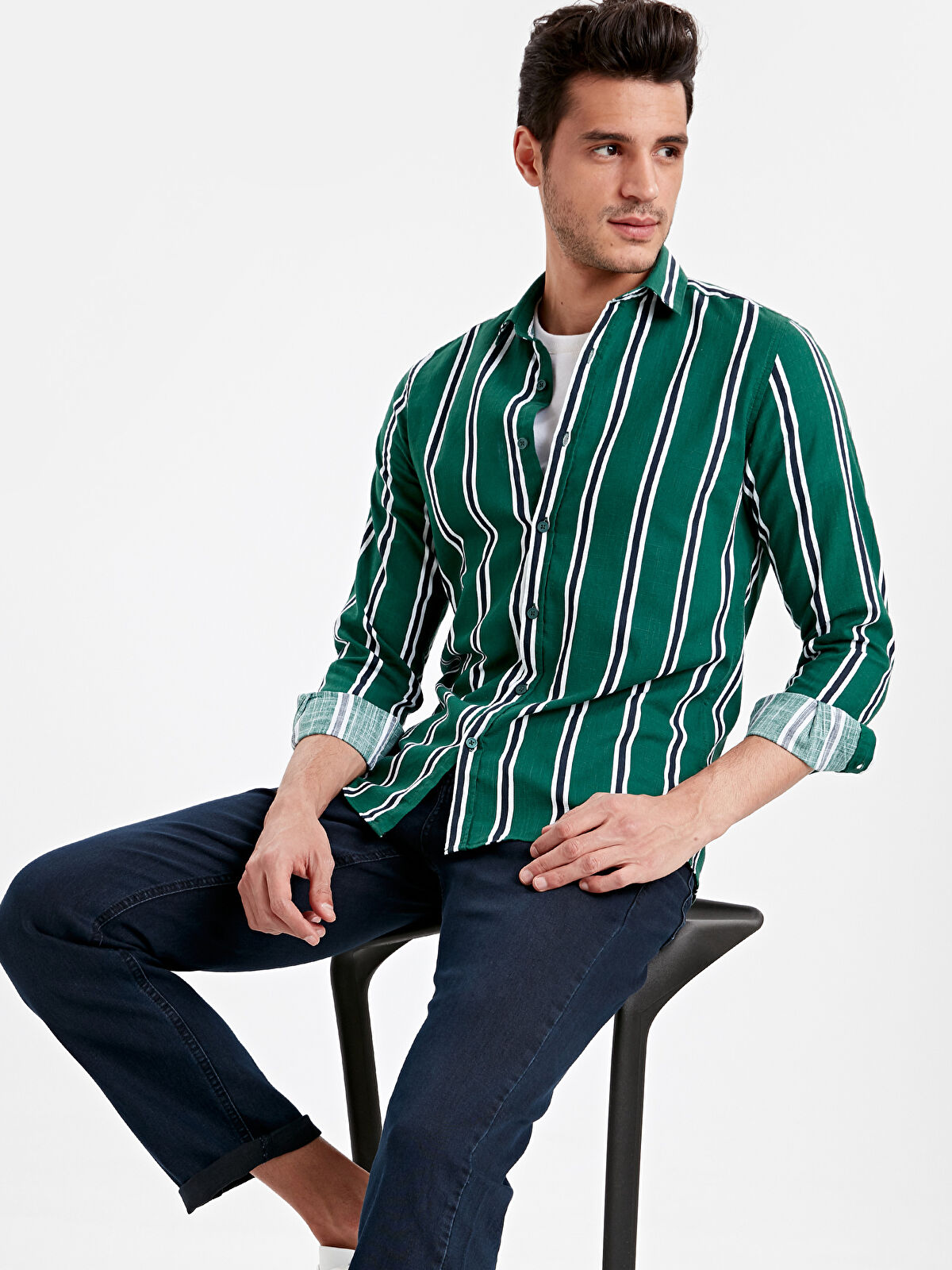 Ekstra Dar Kalıp Çizgili Uzun Kollu Poplin Gömlek