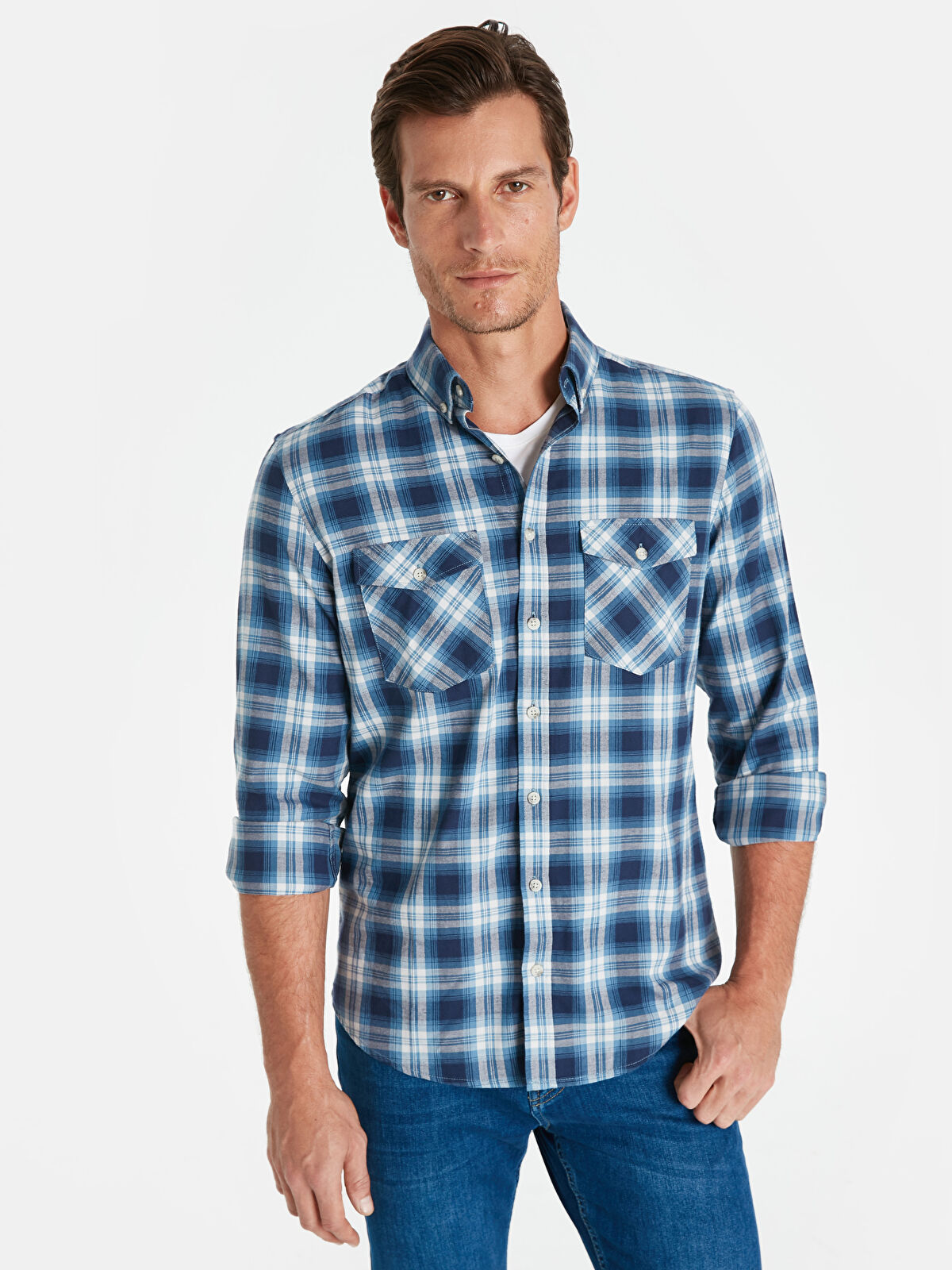 Regular Fit Ekose Uzun Kollu Poplin Gömlek