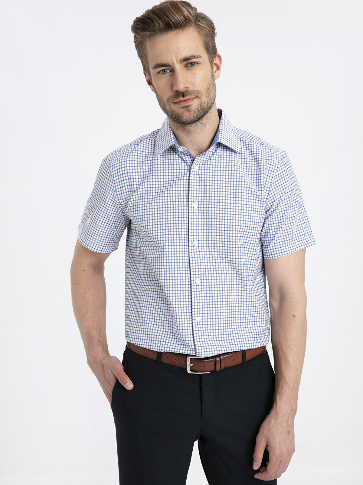 Regular Fit Ekose Oxford Kısa Kollu Gömlek