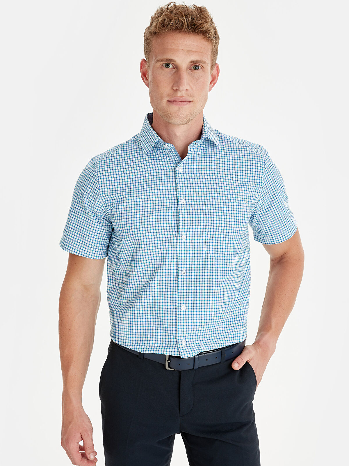 Regular Fit Ekose Oxford Kısa Kollu Gömlek