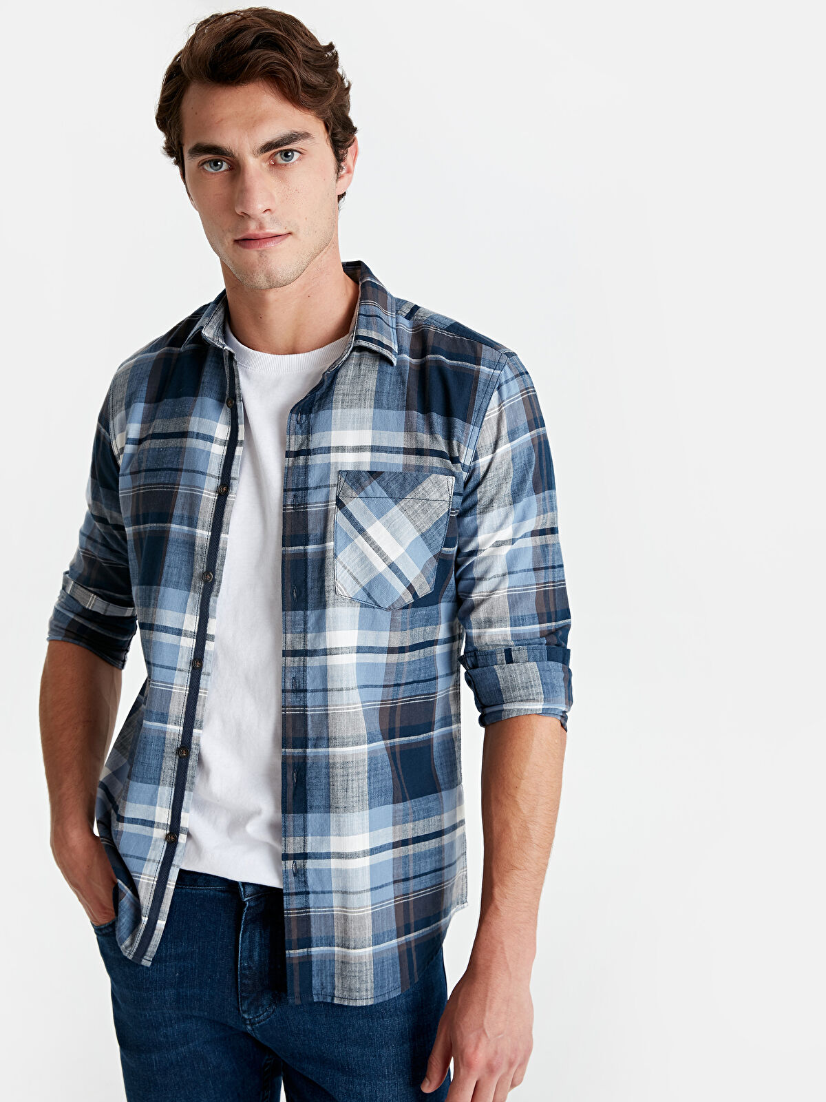 Ekstra Slim Fit Ekose Uzun Kollu Poplin Gömlek