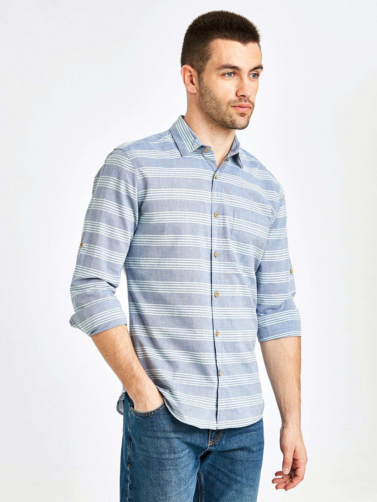 Ekstra Slim Fit Çizgi Uzun Kollu Poplin Gömlek