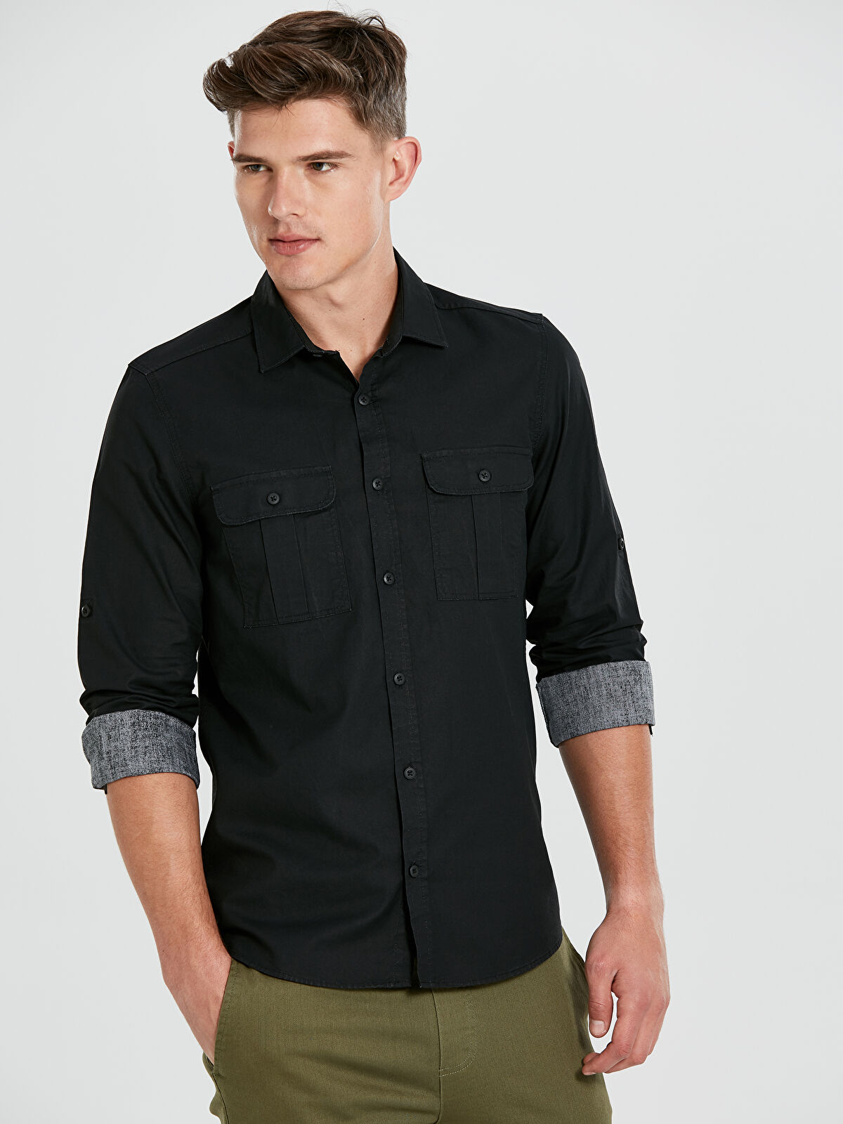 Ekstra Dar Kalıp Uzun Kollu Gabardin Gömlek