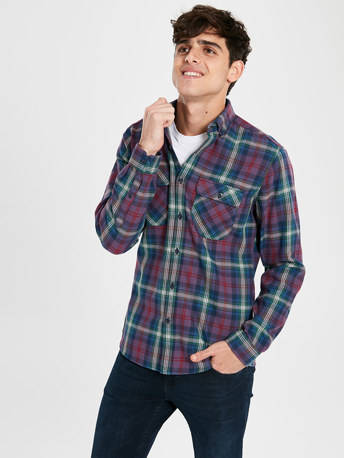 Ekstra Slim Fit Ekose Uzun Kollu Flanel Gömlek