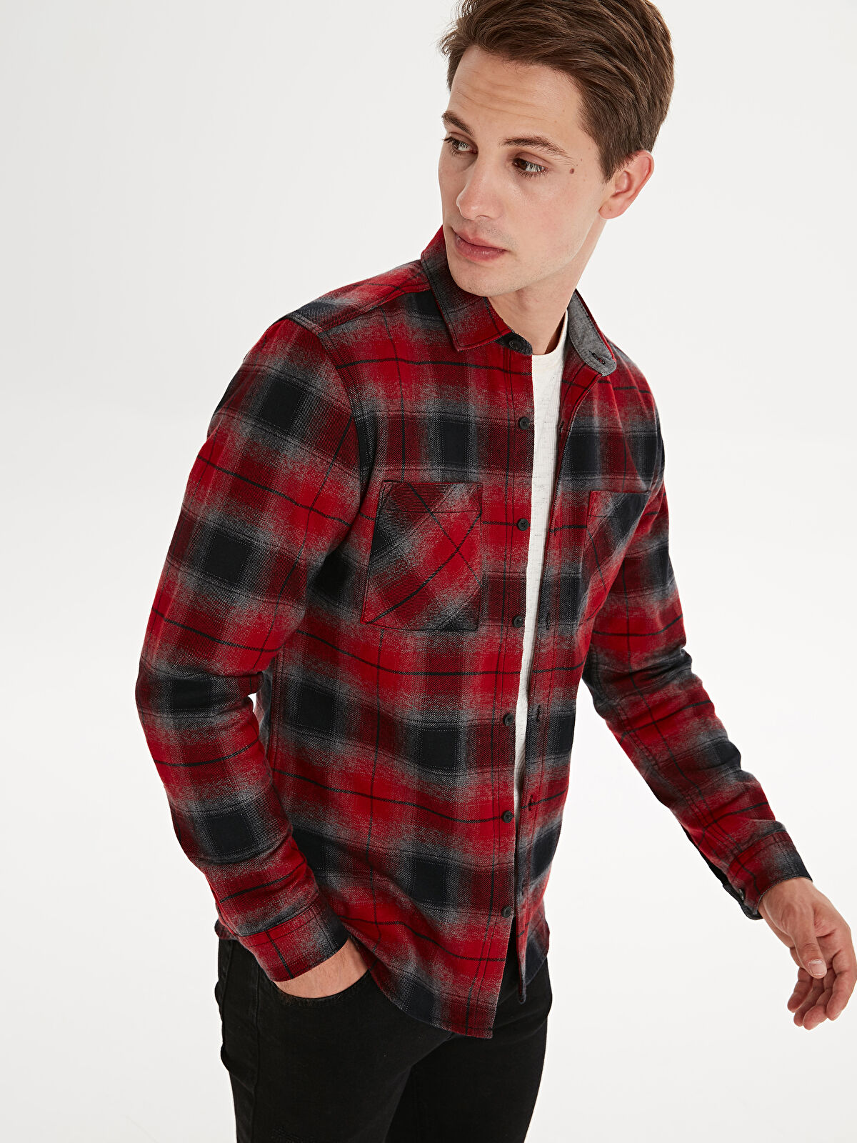 Ekstra Slim Fit Ekose Uzun Kollu Flanel Gömlek