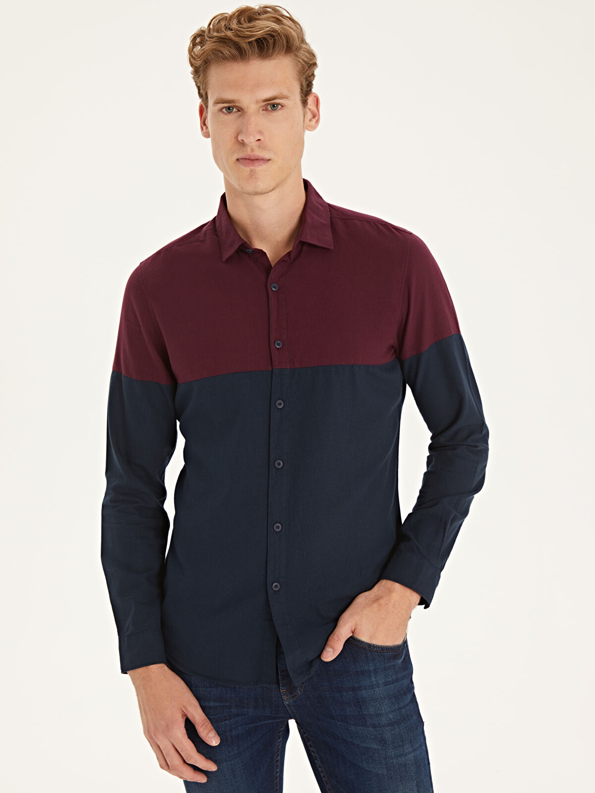 Ekstra Slim Fit Blok Çizgili Gabardin Gömlek