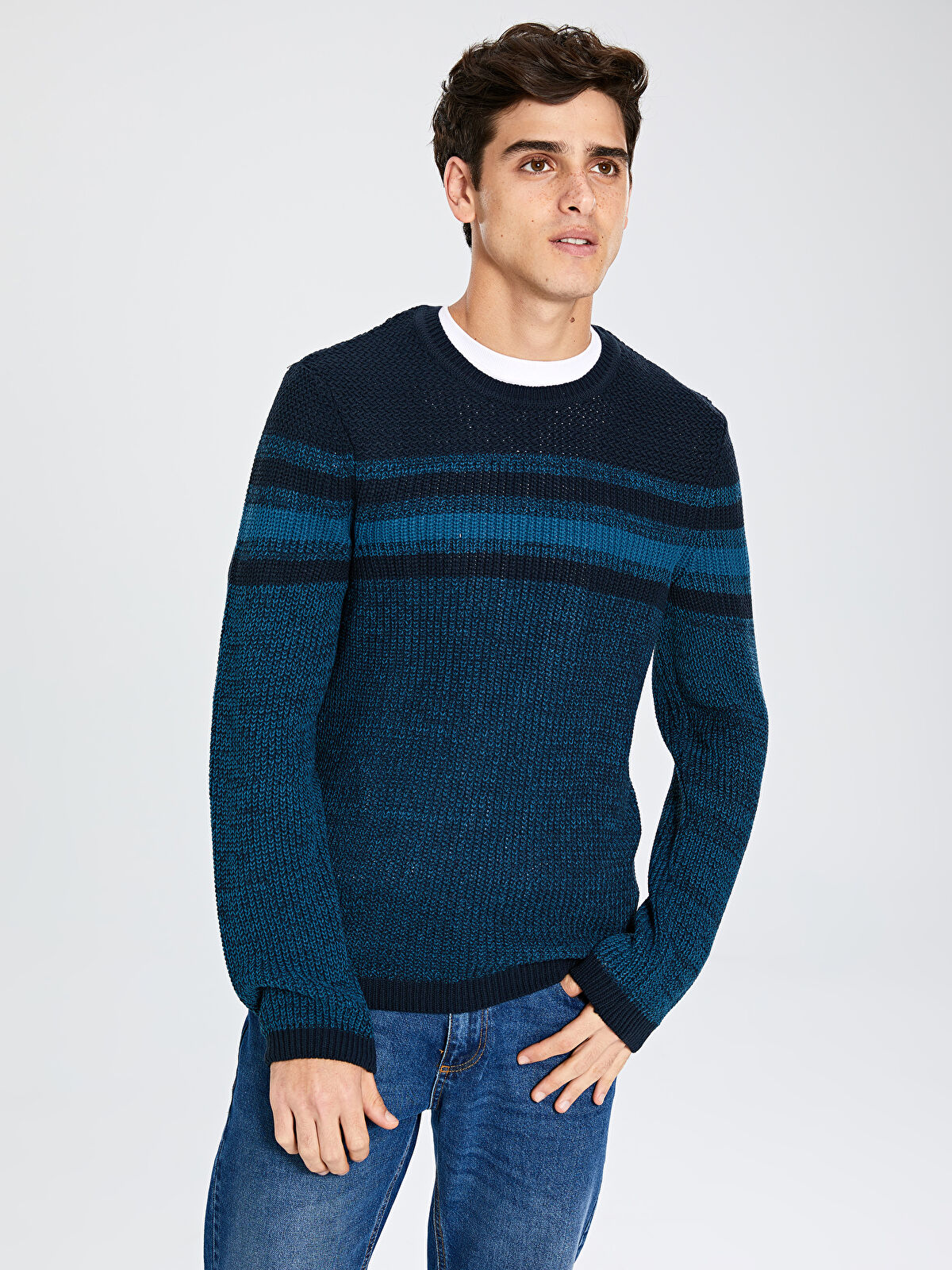 Slim Fit Bisiklet Yaka Çizgili İnce Triko Kazak