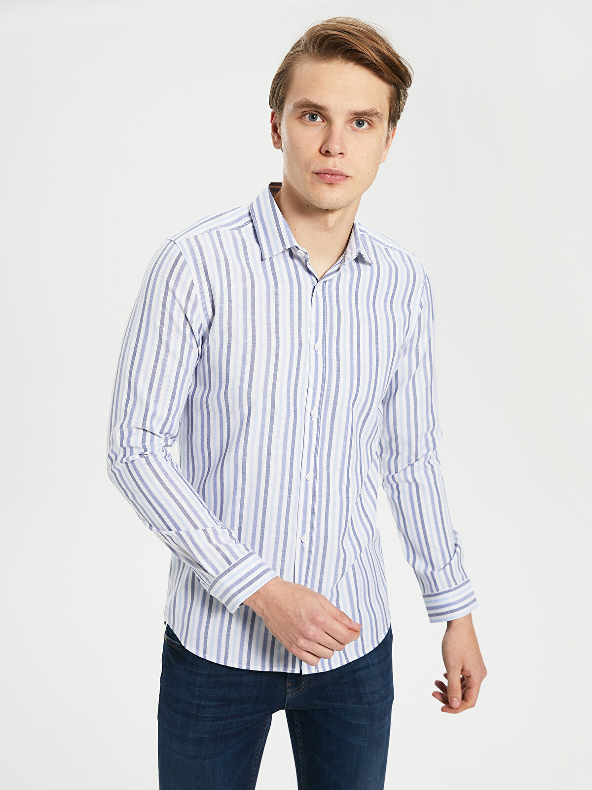 Ekstra Slim Fit Uzun Kollu Çizgili Erkek Gömlek
