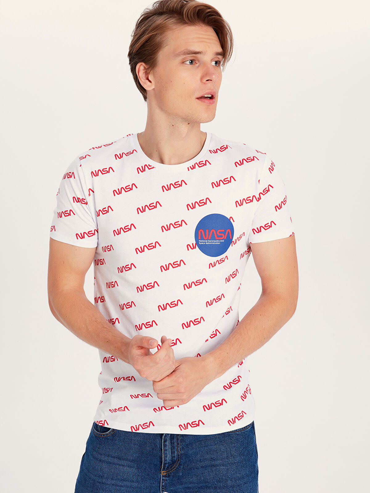 Bisiklet Yaka Kısa Kollu Nasa Baskılı Penye Erkek Tişört