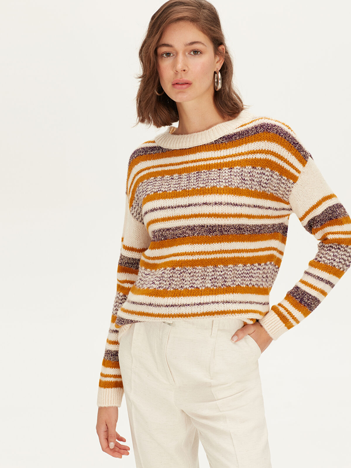 Işıltı Detaylı Çizgili Kalın Triko Kazak