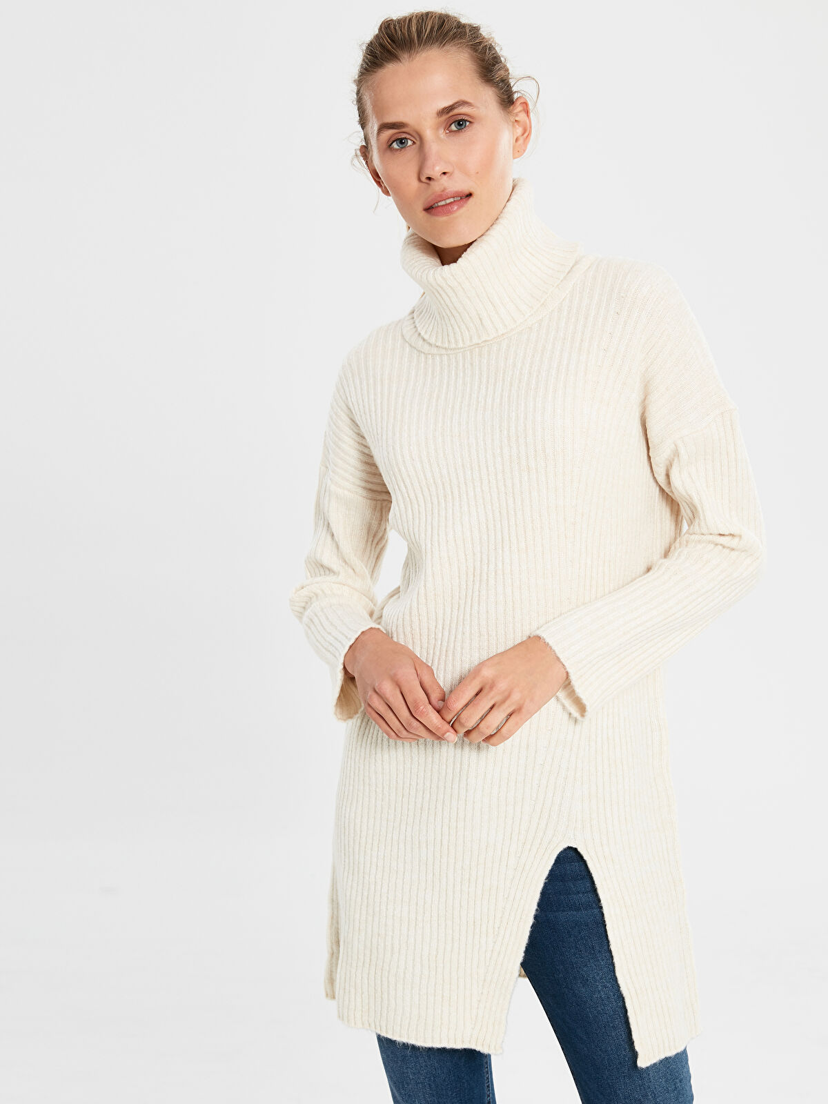 Balıkçı Yaka Yırtmaç Detaylı Kazak