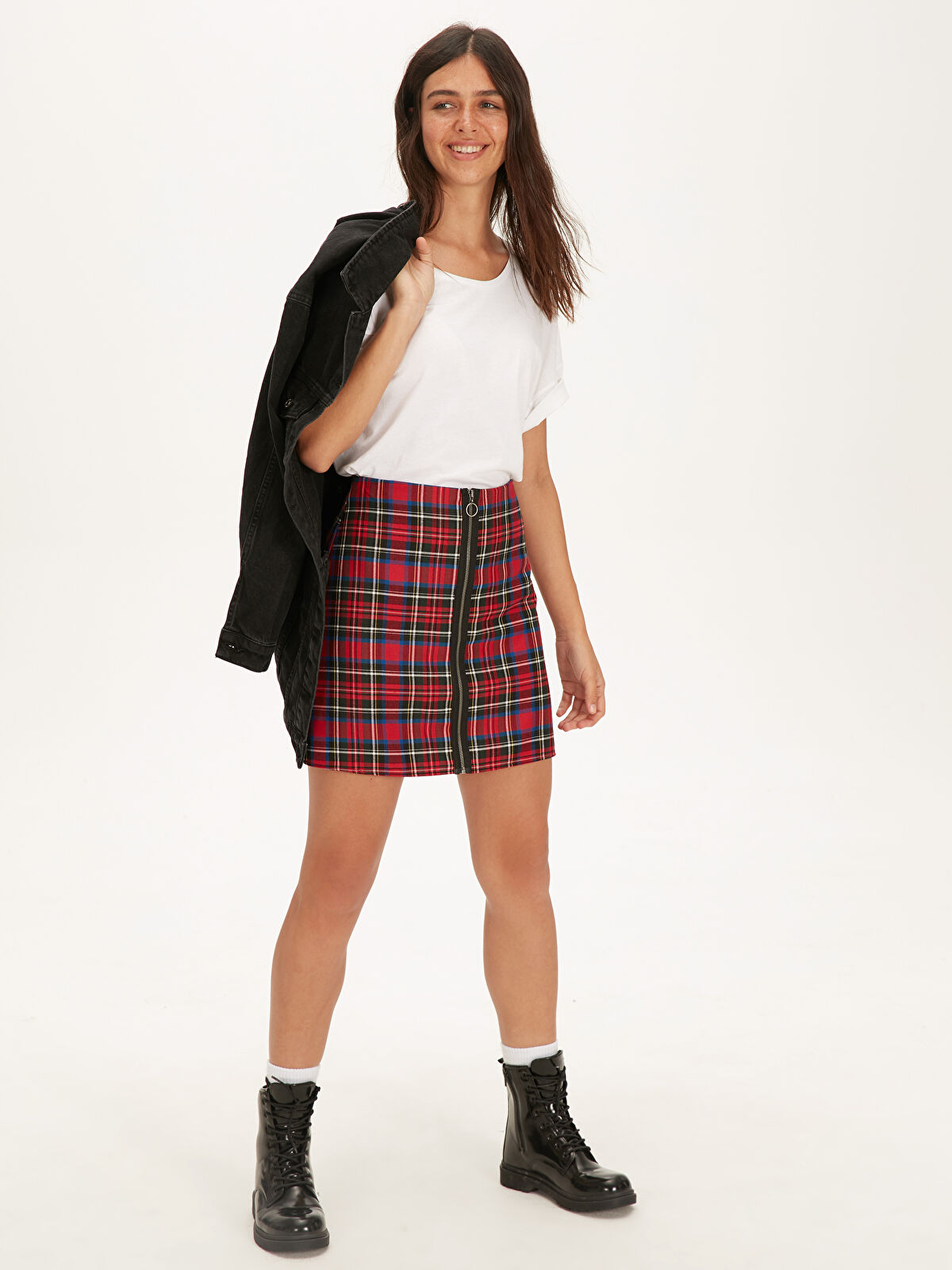 Fermuar Detaylı Ekose Kadın Etek