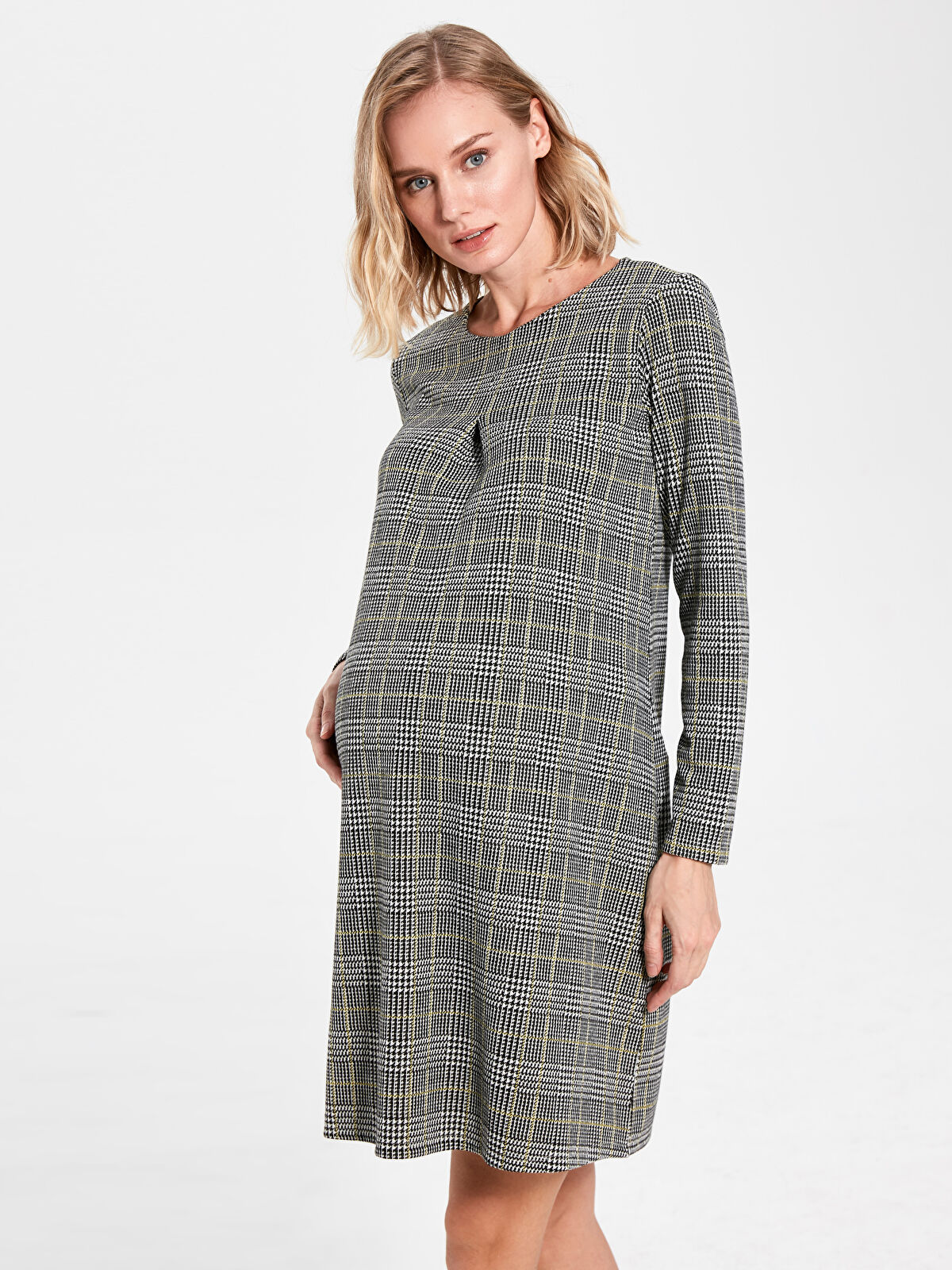 Bisiklet Yaka Ekose Uzun Kollu Viskon Hamile Elbise