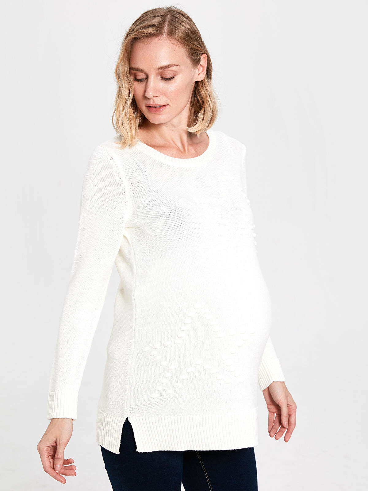 Bisiklet Yaka Düz Uzun Kollu Hamile Triko Tunik