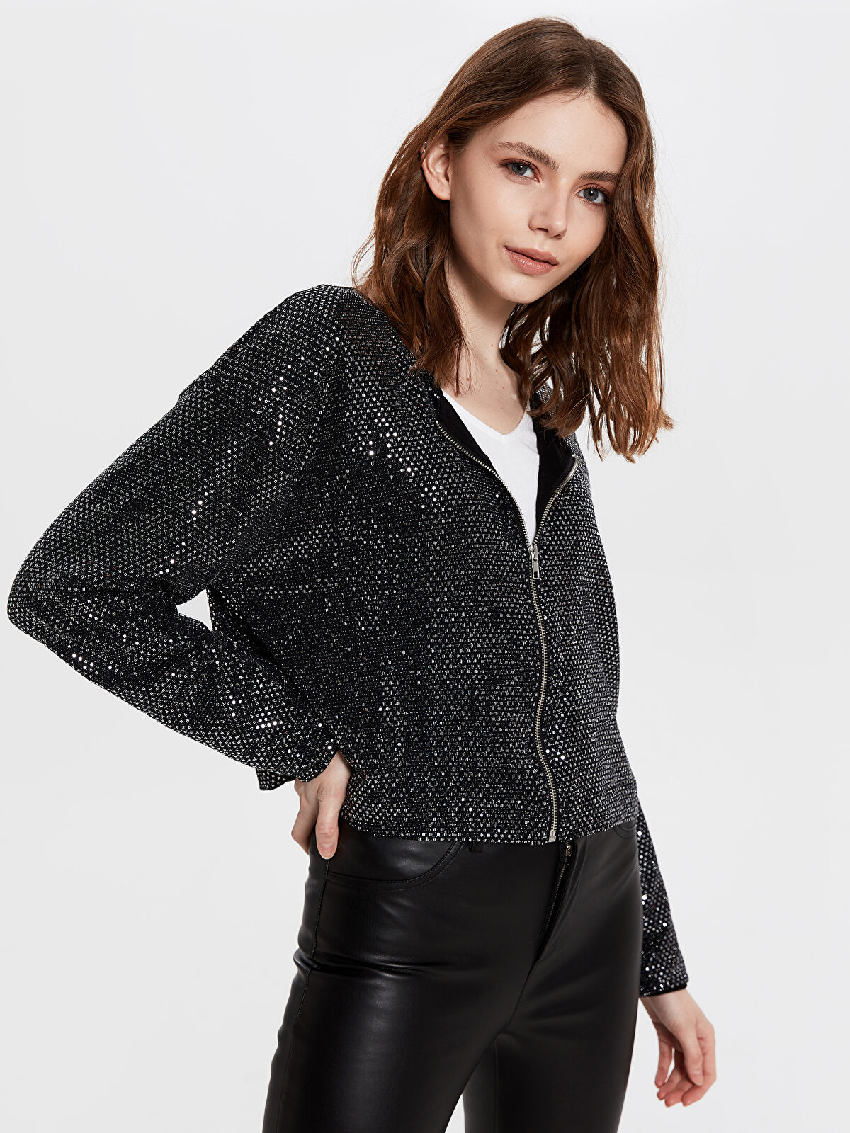 Işıltılı Kapüşon Yaka Fermuarlı Hırka