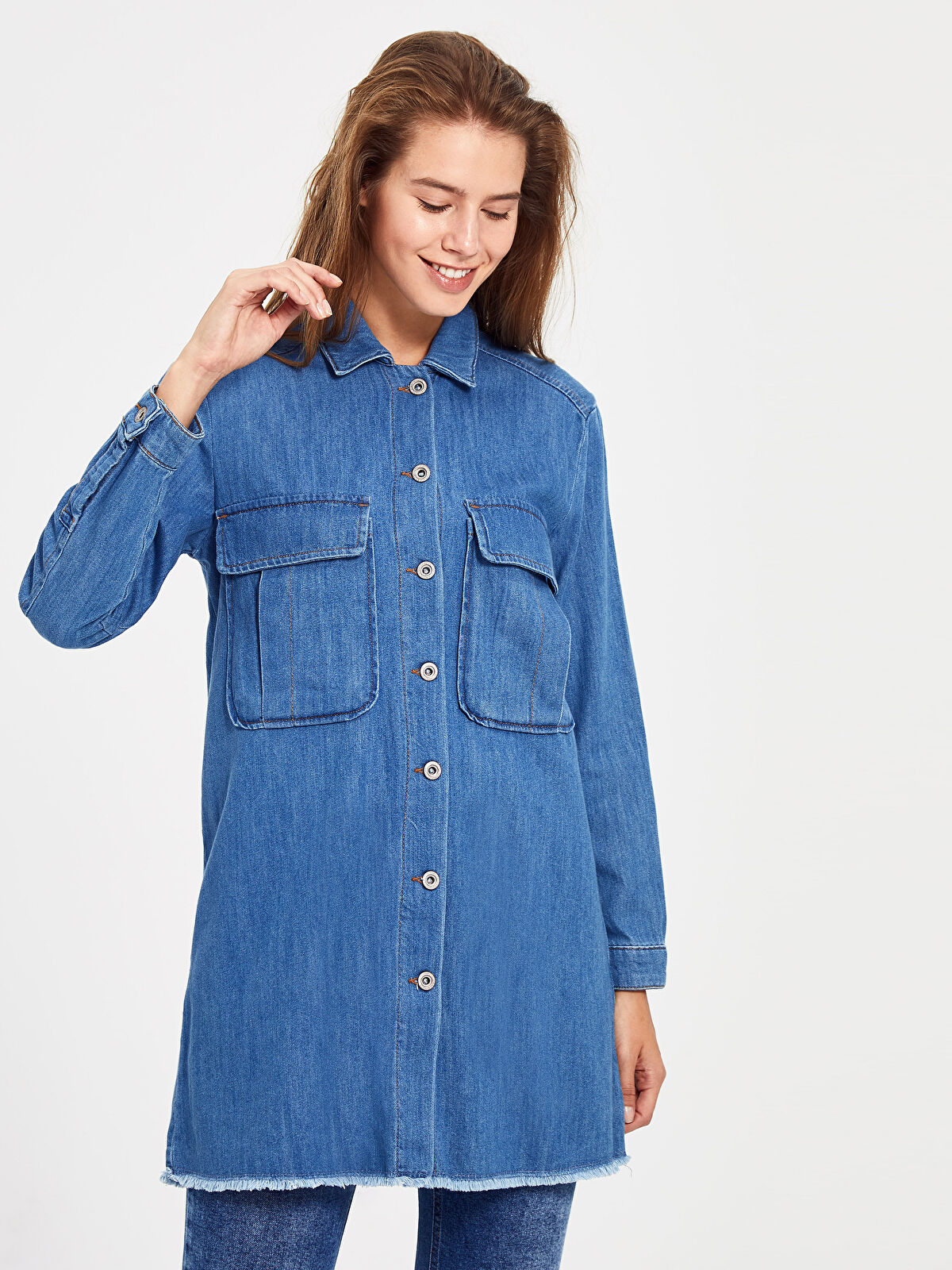 MODEST Gömlek Yaka Uzun Kolu Kadın Cepli Jean Ceket