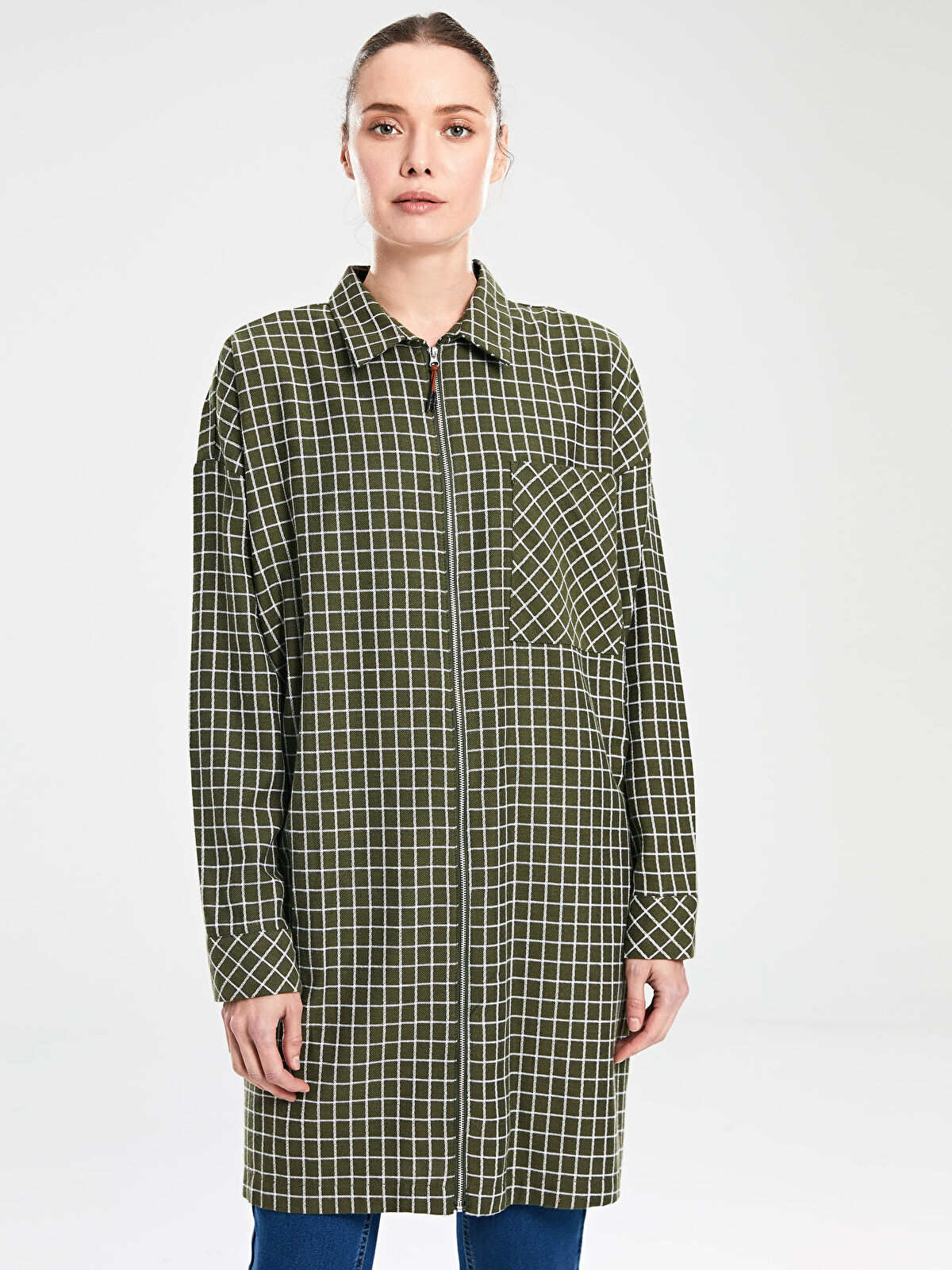 Kareli Pamuklu Uzun Kollu Kadın Tunik