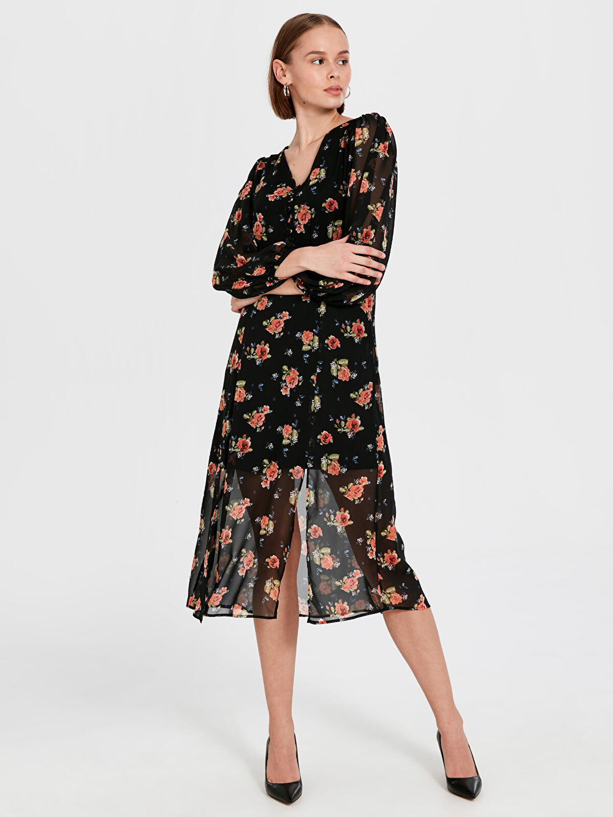 Çiçek Desenli Balon Kol Şifon Elbise Çiçek Desenli Balon Kol Şifon Elbise