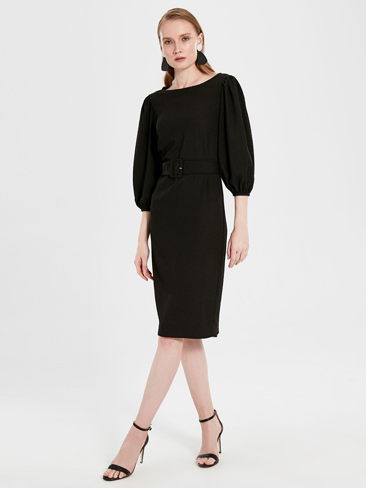 Kemerli Balon Kol Kadın Esnek Elbise