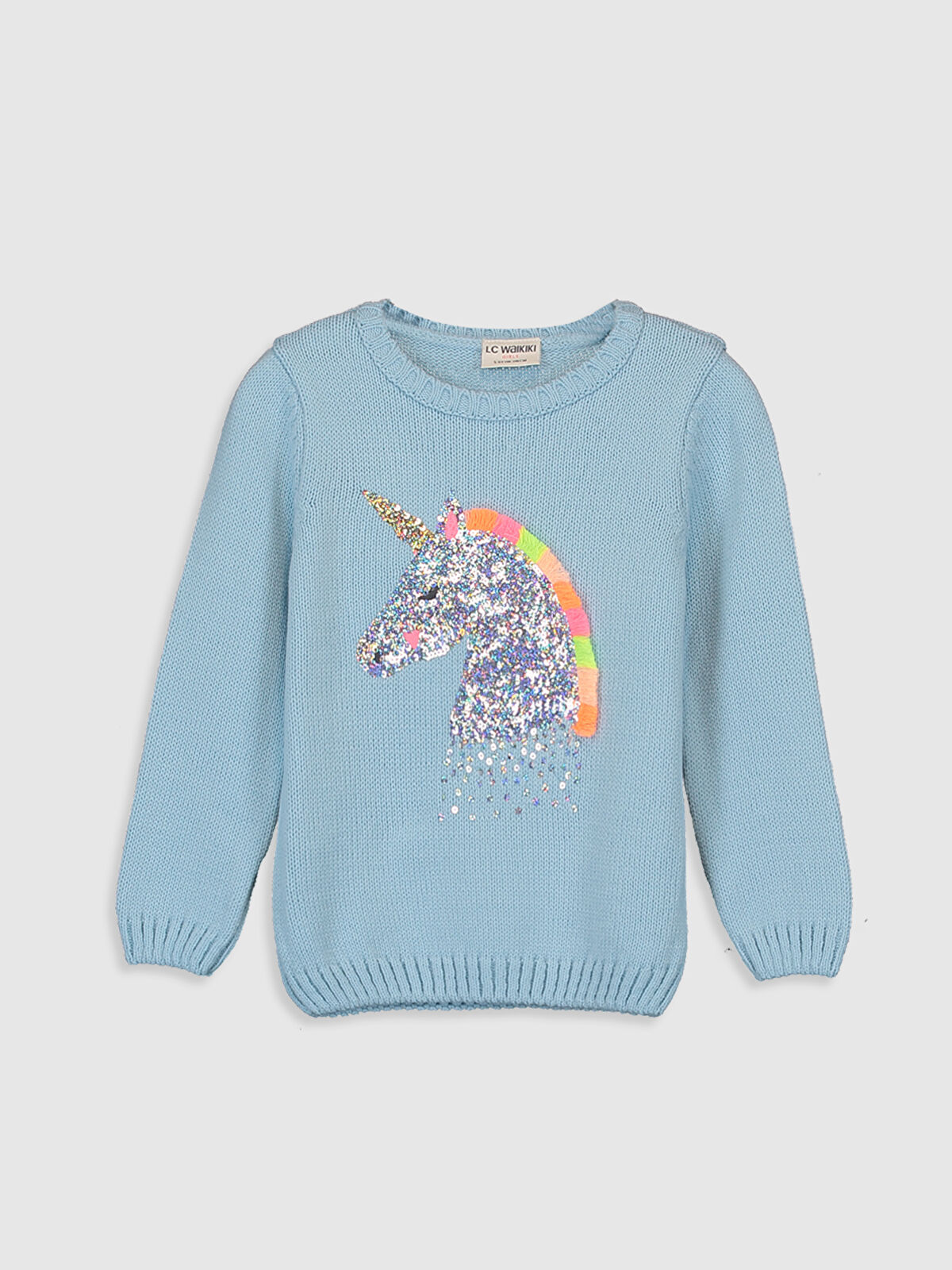 Bisiklet Yaka Desenli Pul İşlemeli Uzun Kollu Kız Çocuk Kalın Triko Kazak