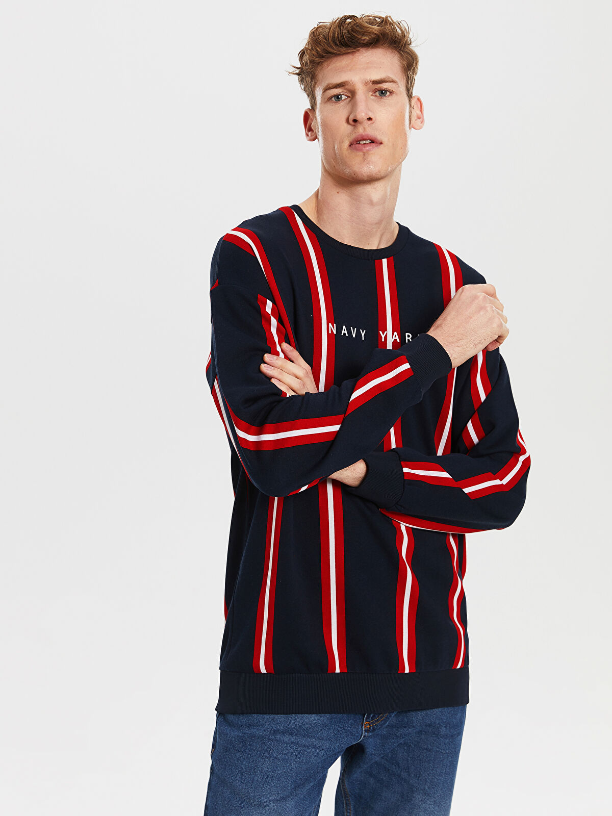 Bisiklet Yaka Uzun Kollu Çizgili Erkek Sweatshirt
