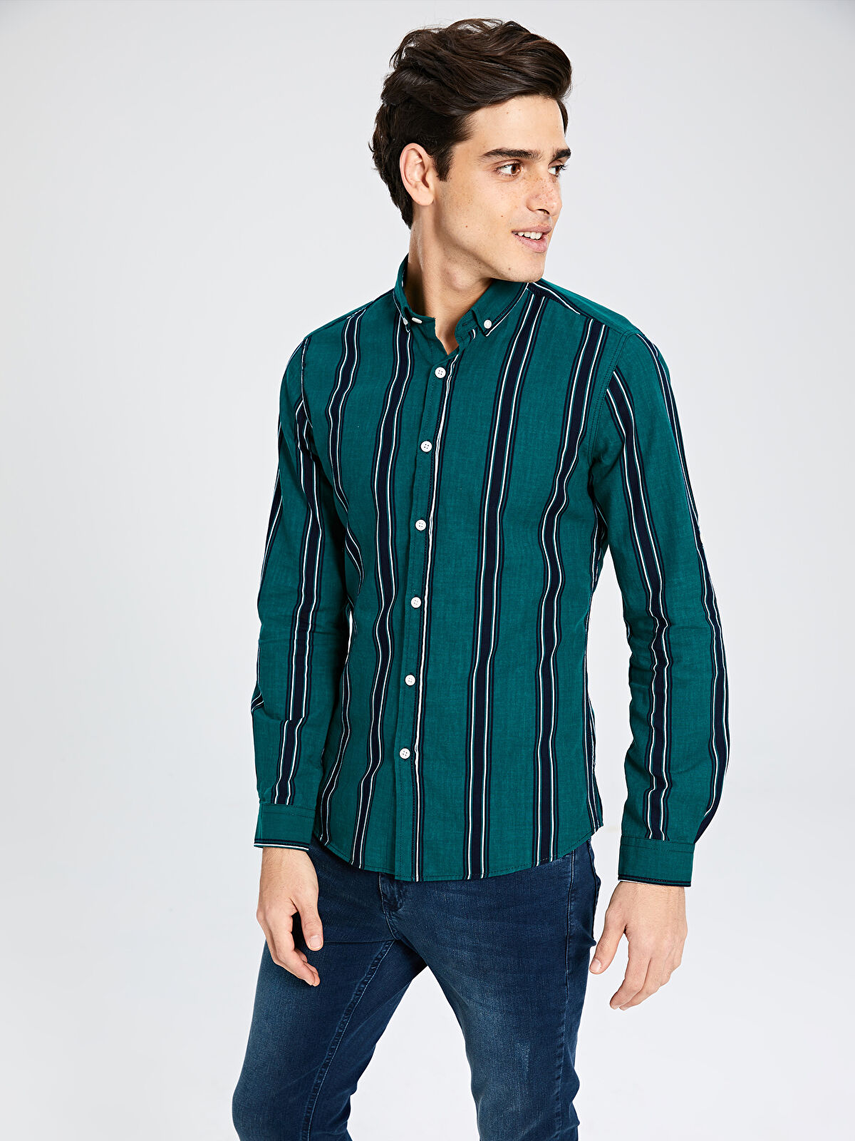 Ekstra Slim Fit Çzgili Uzun Kollu Oxford Gömlek