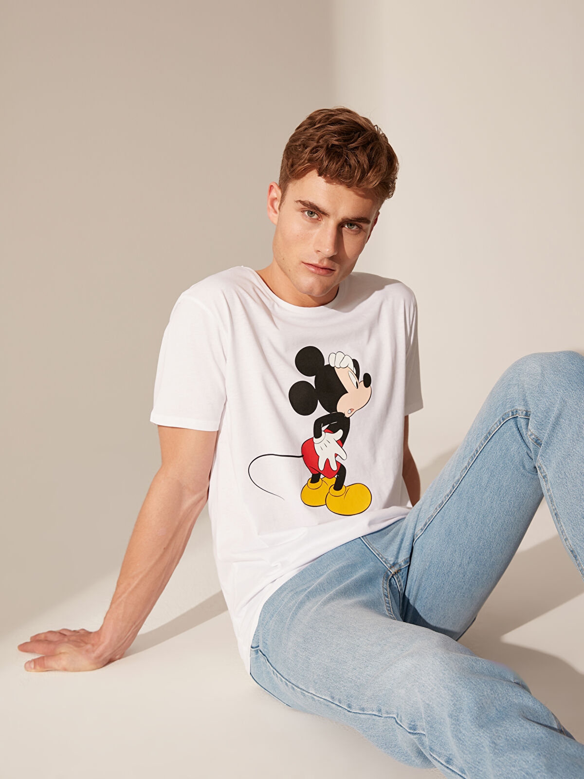 Mickey Baskılı Bisiklet Yaka Penye Tişört Baba Oğul Kombini