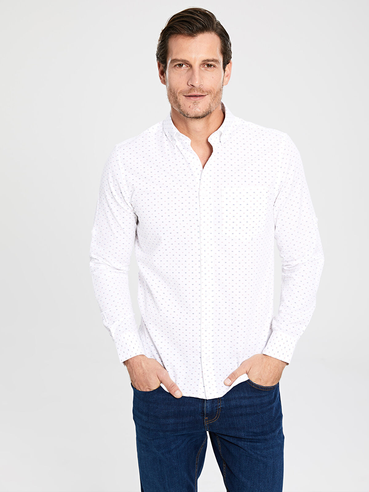 Regular Fit Desenli Uzun Kollu Poplin Gömlek