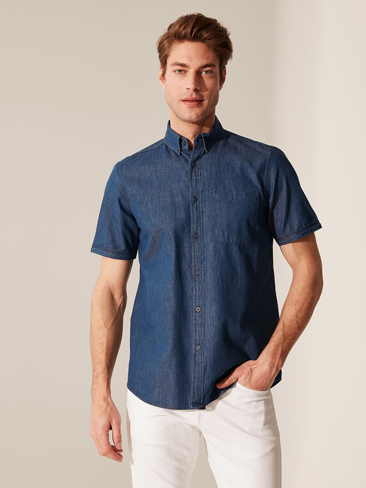 Regular Fit Kısa Kollu Erkek Jean Gömlek