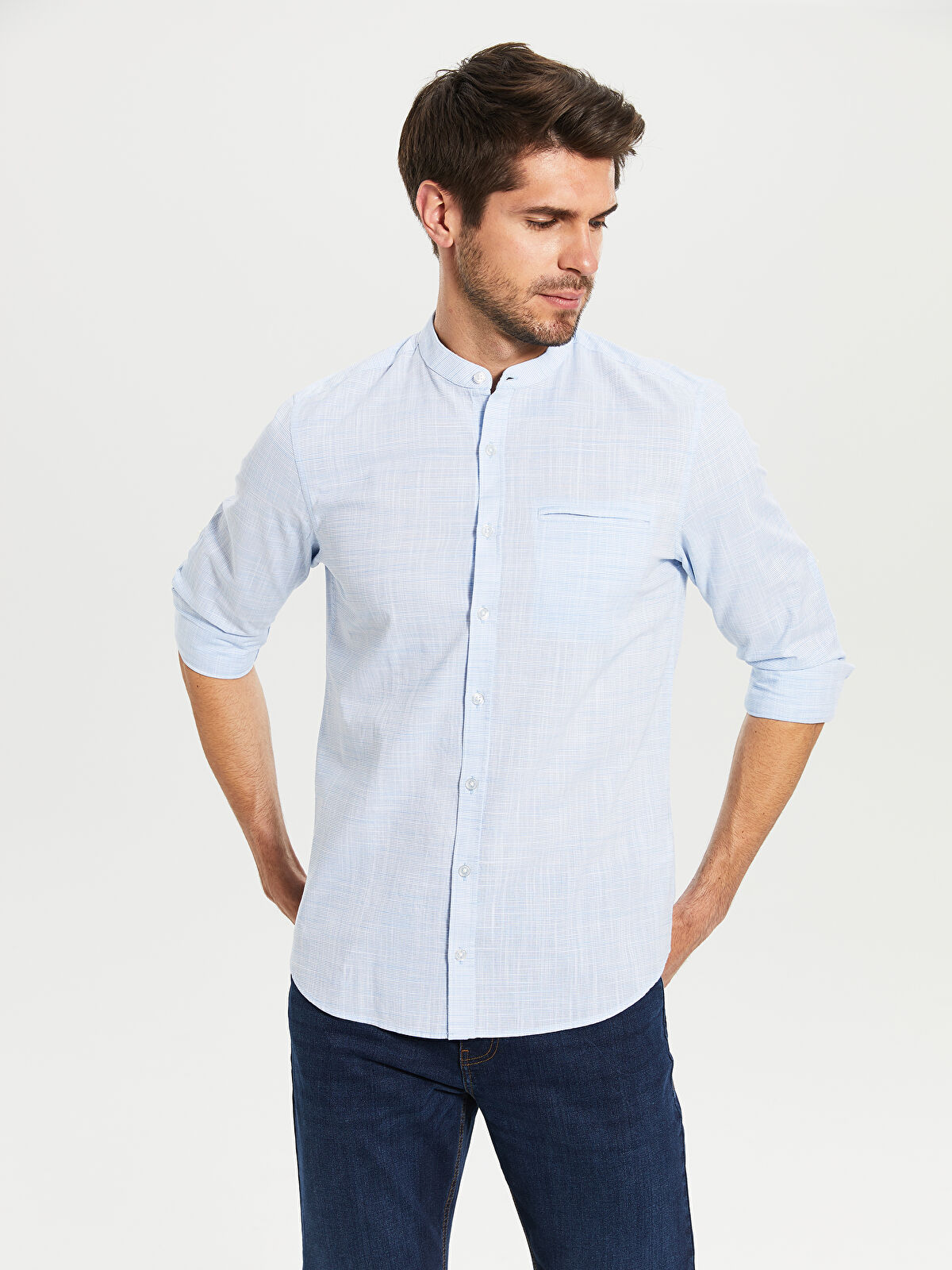 Slim Fit Uzun Kollu Hakim Yaka Poplin Gömlek