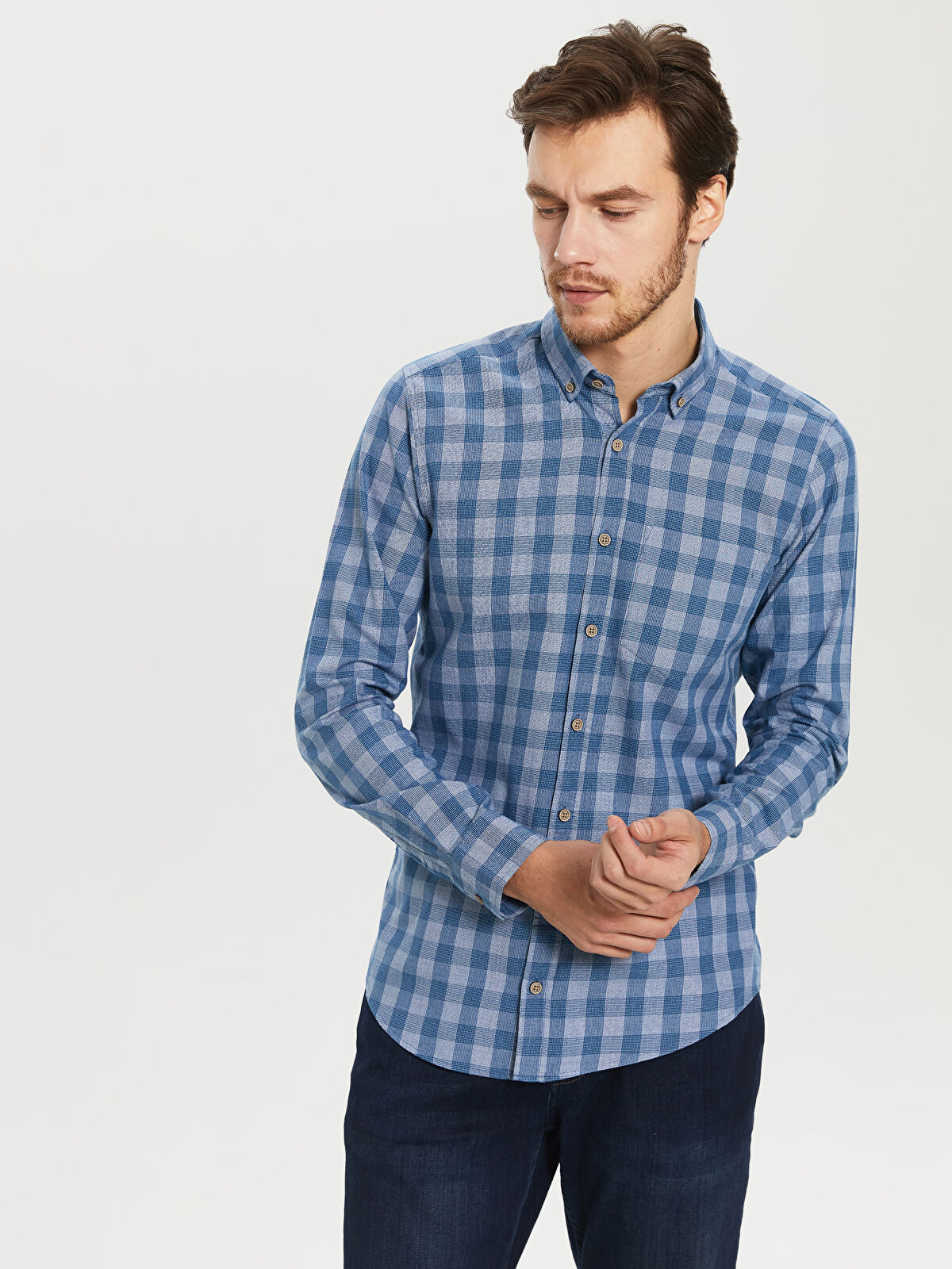 Slim Fit Uzun Kollu Ekose Gabardin Gömlek