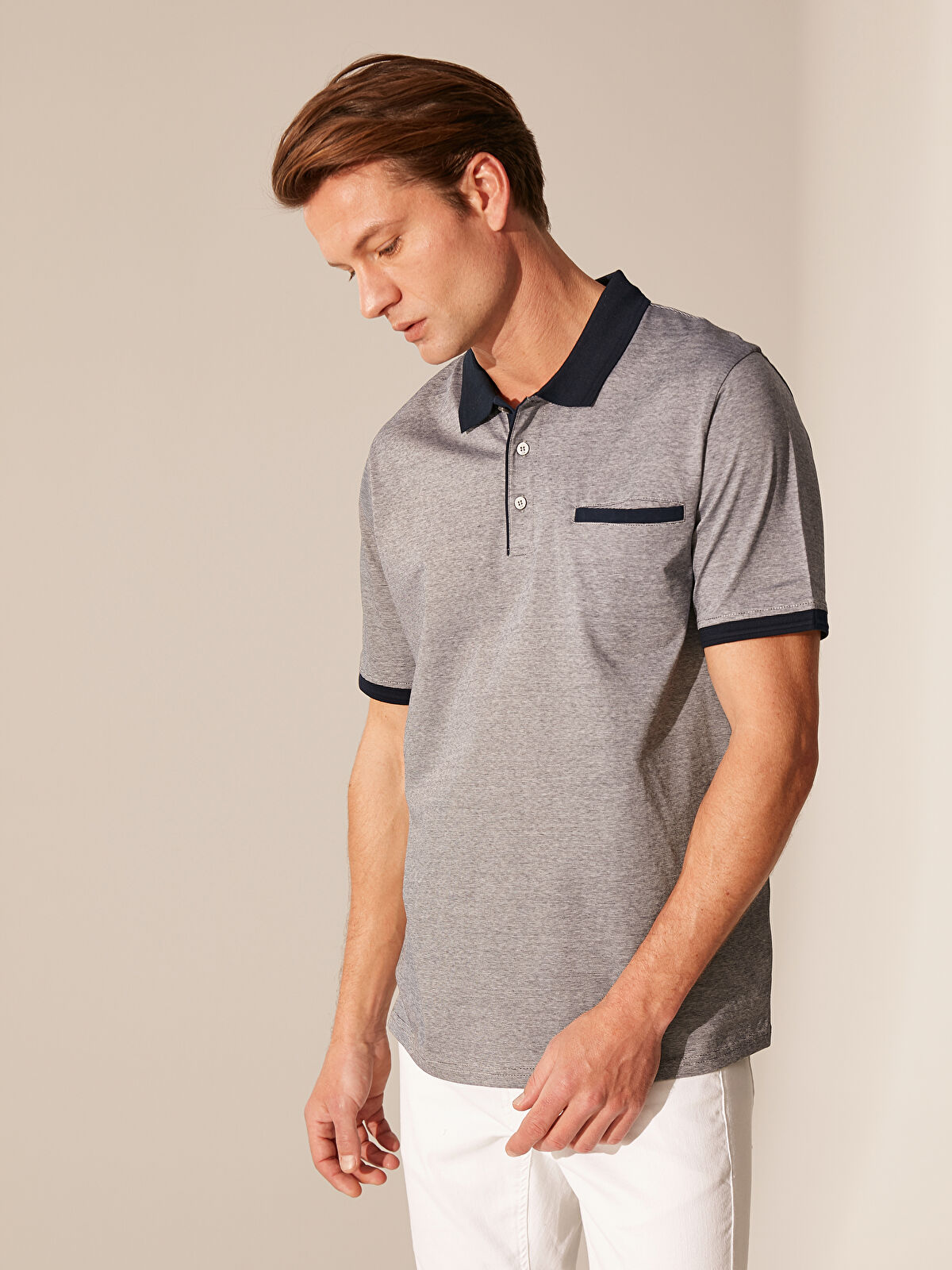 Merserize Polo Yaka Kısa Kollu Çizgili Erkek Tişört