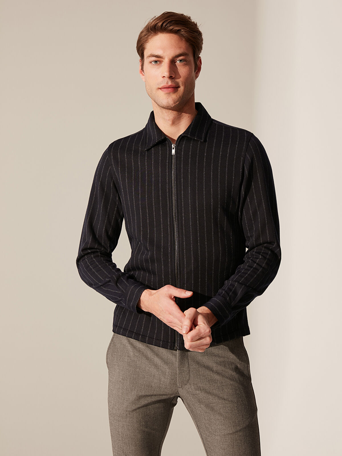 Slim Fit Çizgili Fermuarlı Gömlek