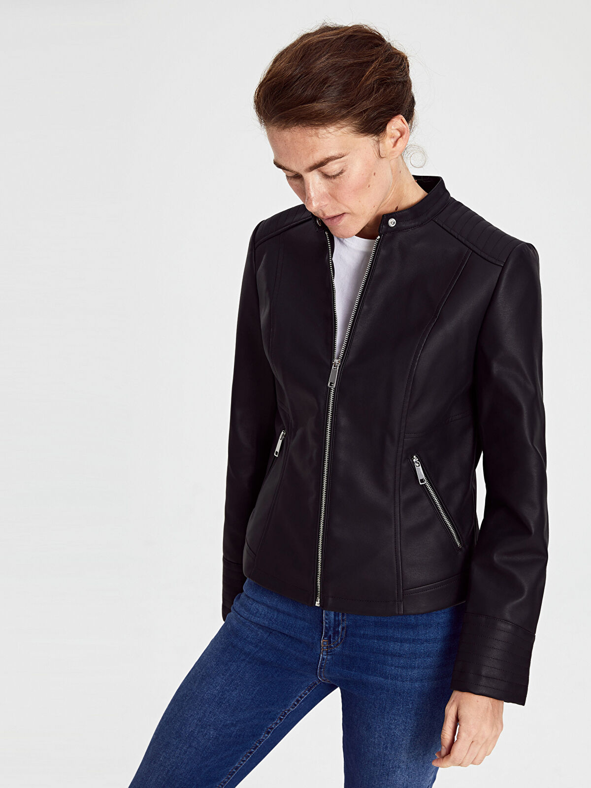 LCW CLASSIC Uzun Kollu Kadın Deri Görünümlü Mont