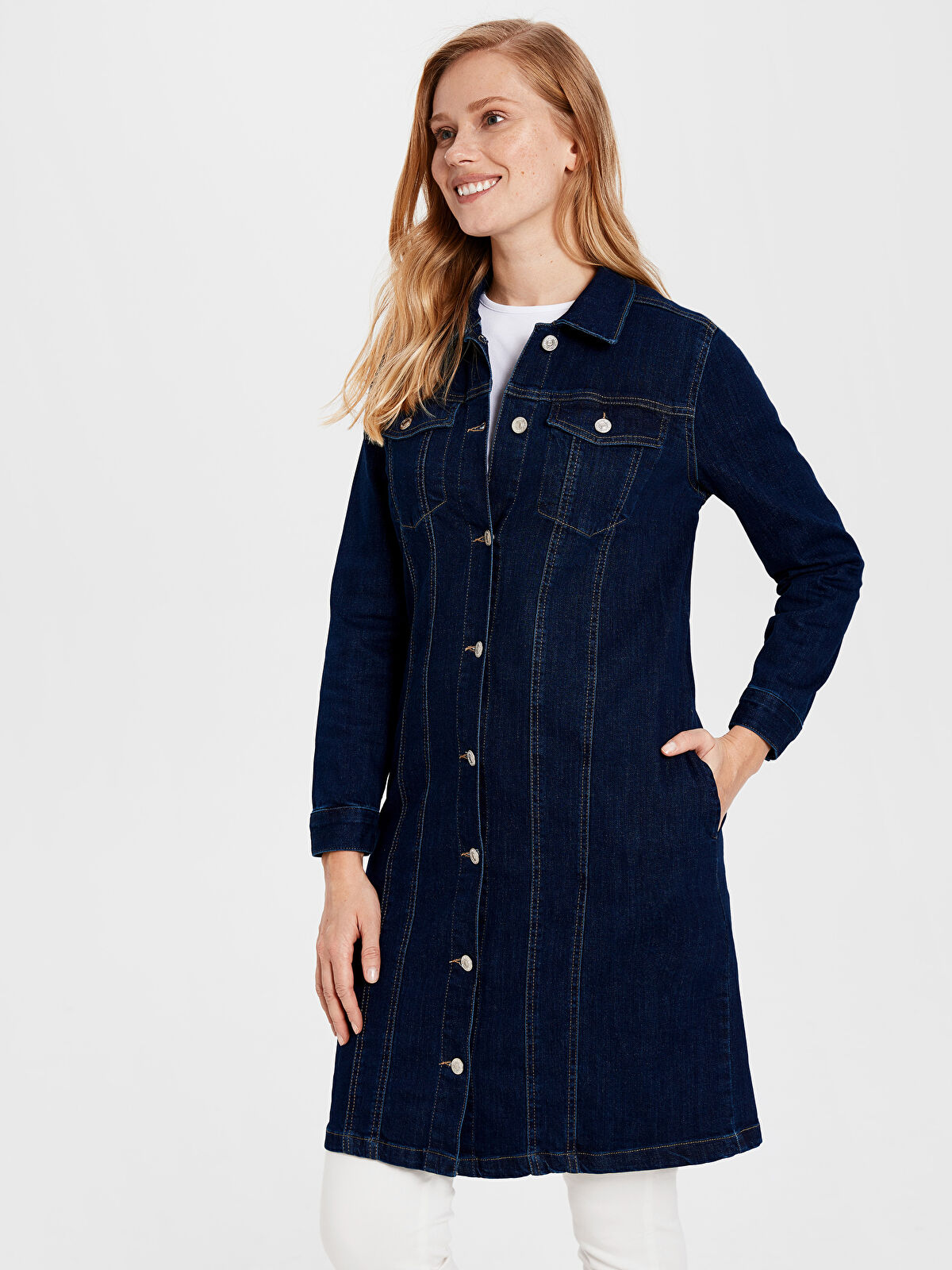 LCW CLASSIC Ceket Yaka Standart Fit Uzun Kollu Kadın Jean Ceket