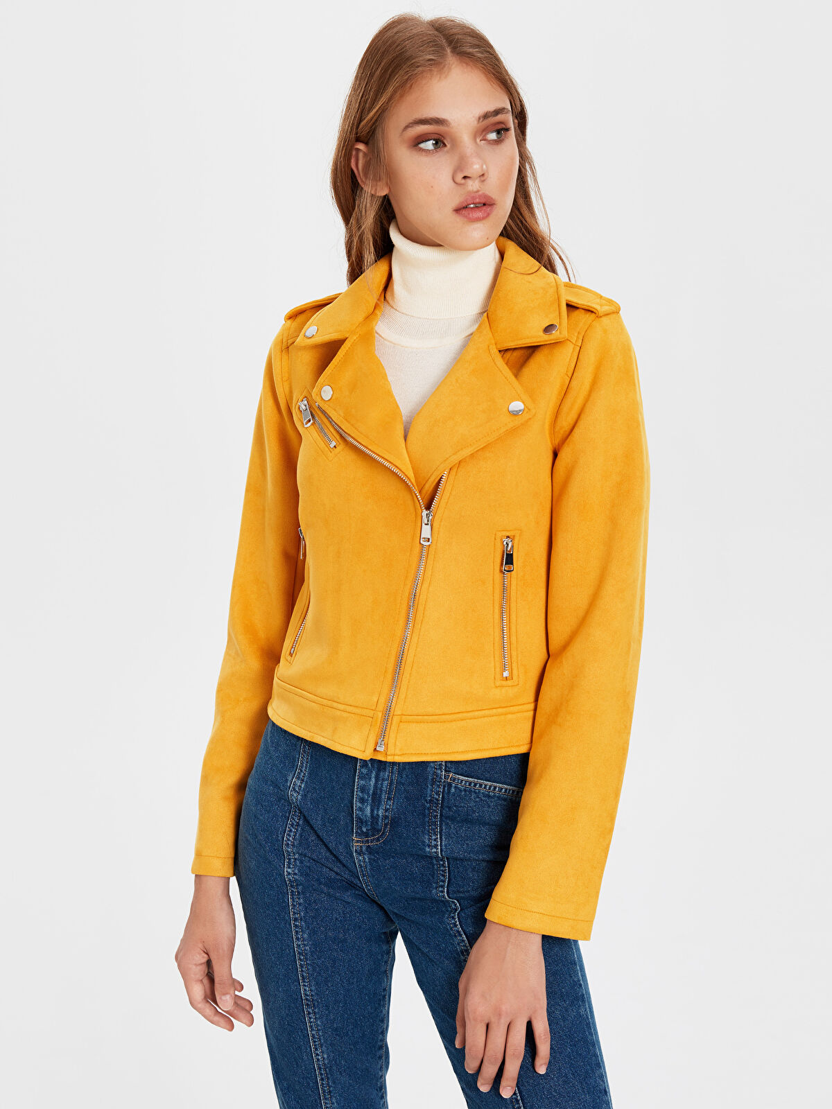 Süet Görünümlü Uzun Kollu Kadın Biker Mont