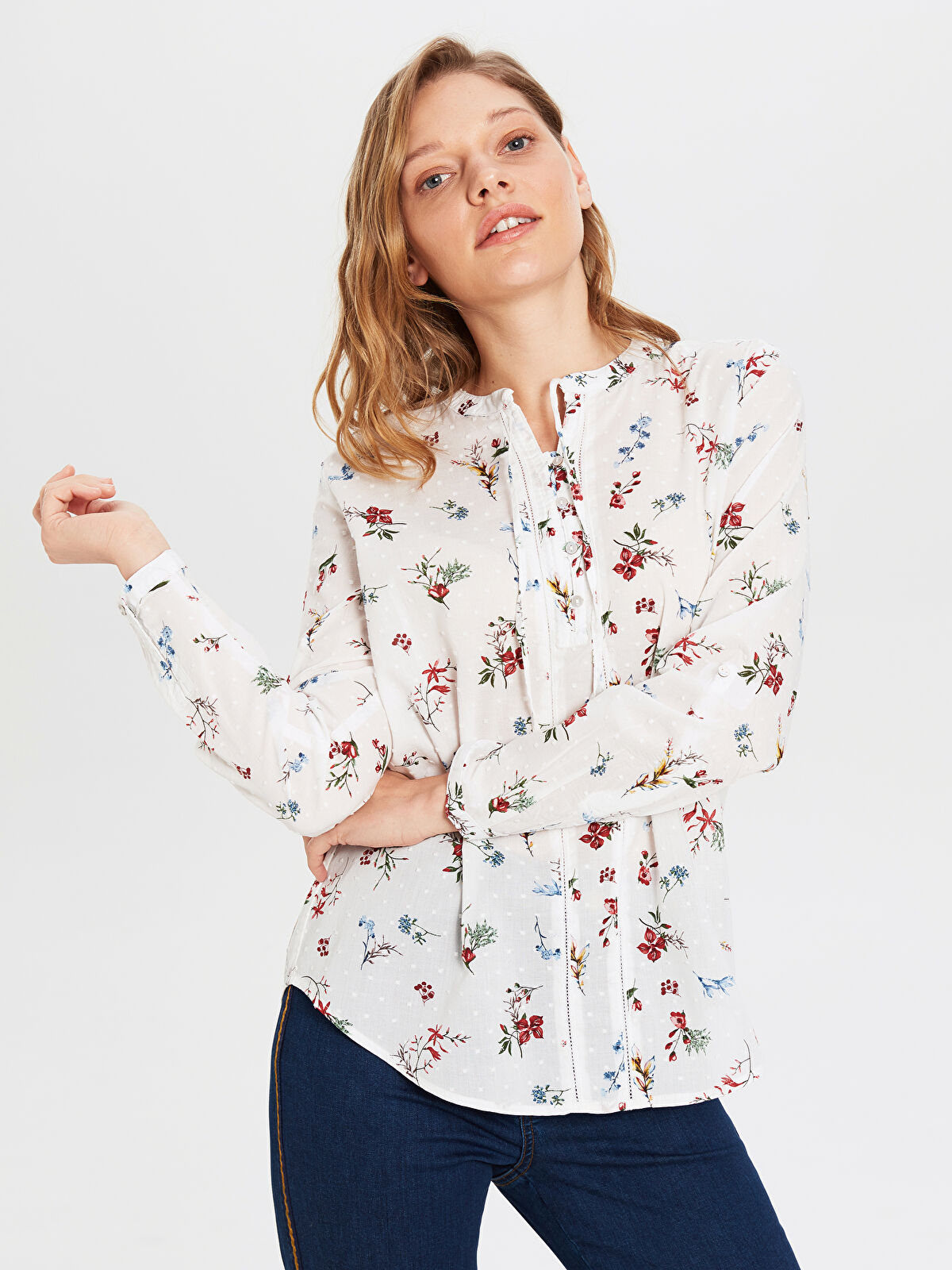 LCW GRACE Kaçık Yaka Desenli Uzun Kollu Pamuklu Kadın Bluz