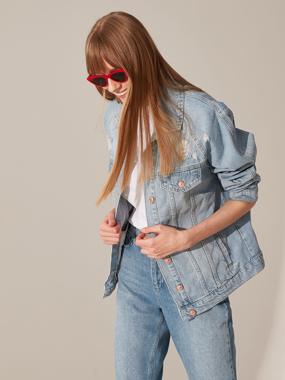 Oversize Uzun Kollu Kadın Jean Ceket