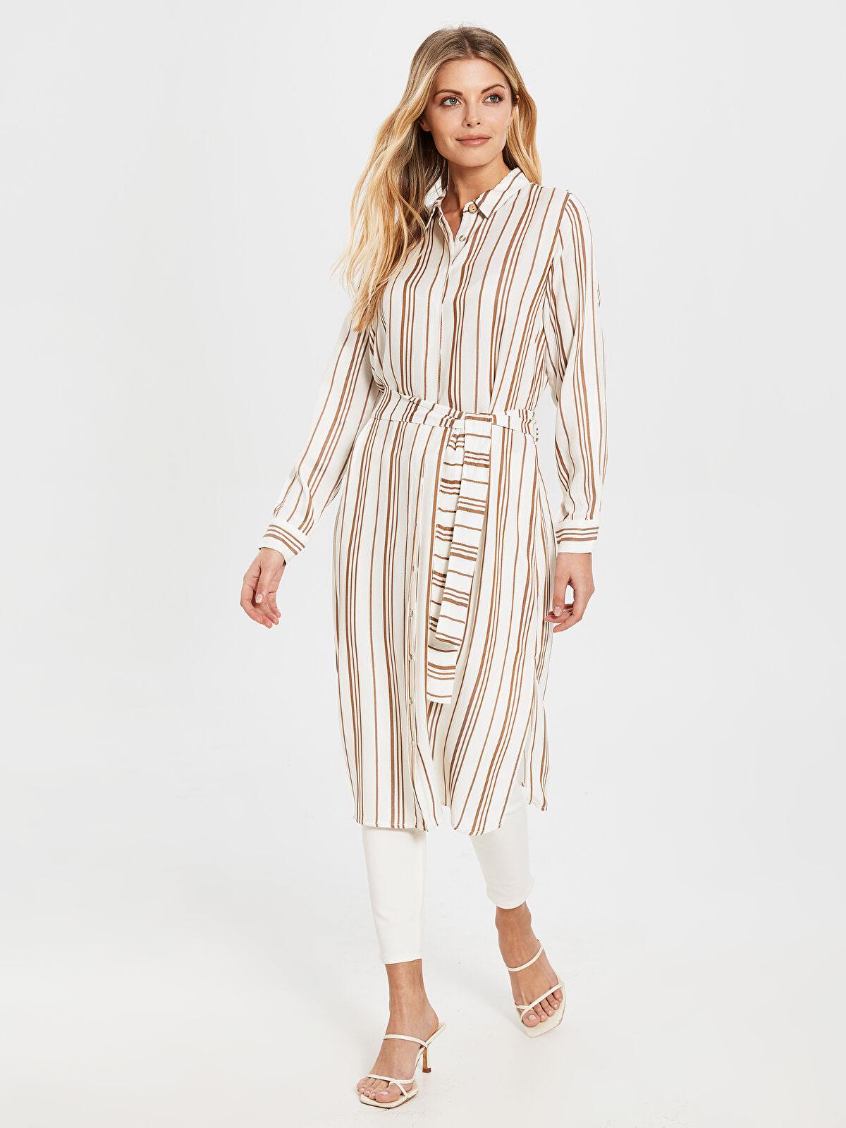 Kuşaklı Çizgili Viskon Tunik