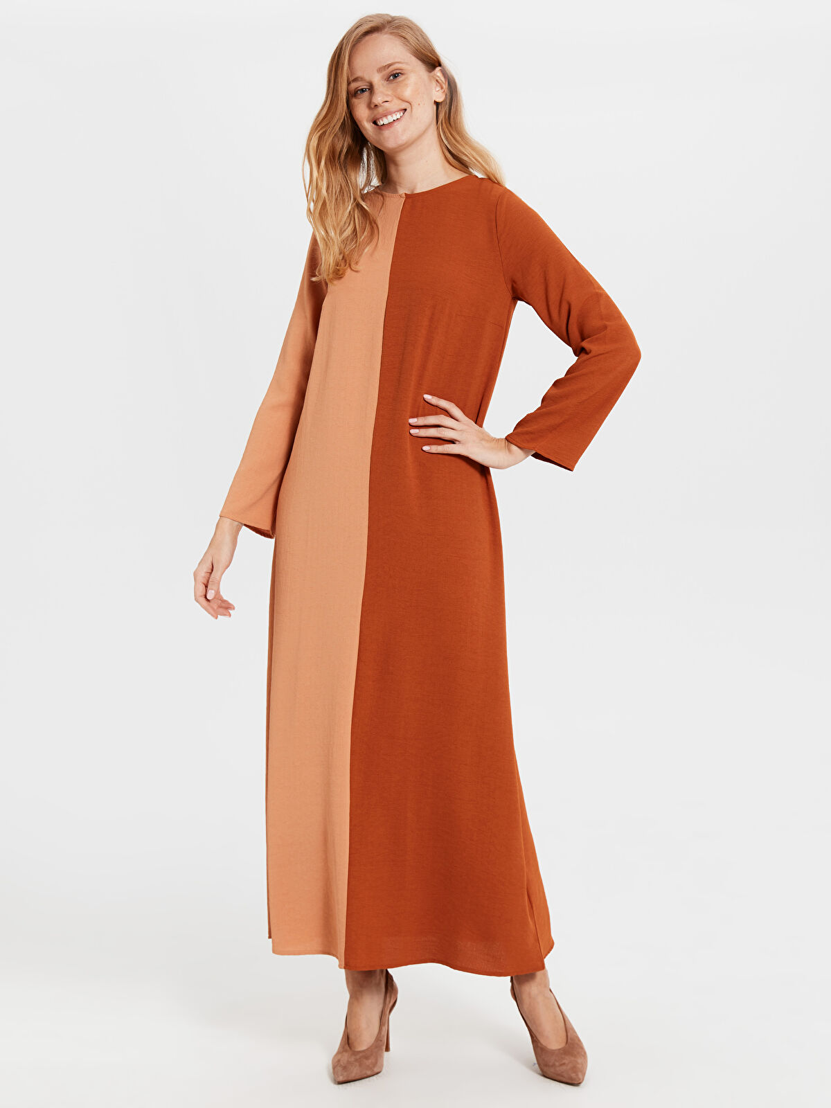 LCW CLASSIC Standart Fit Uzun Kollu Keten Kadın Elbise