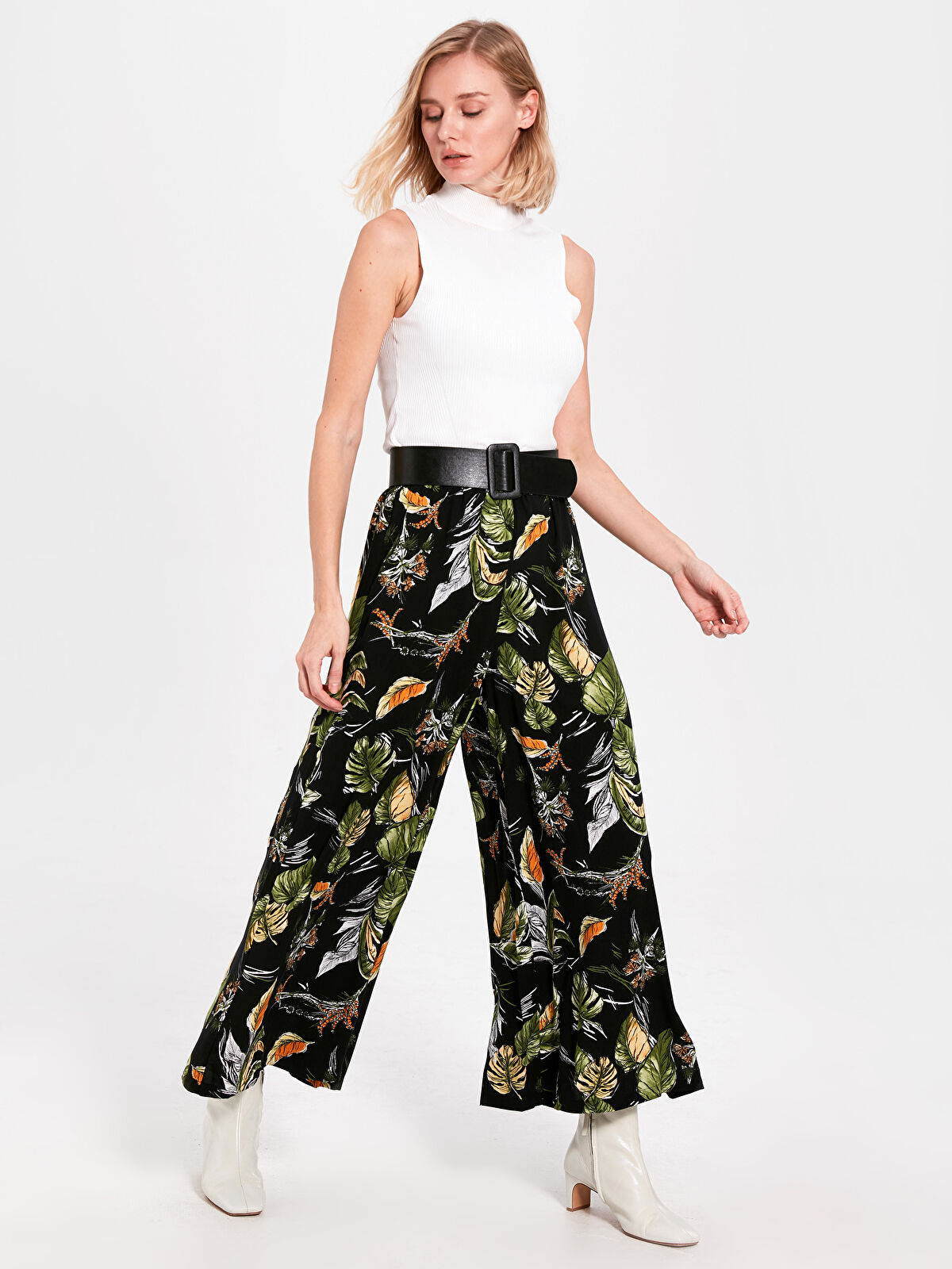 Beli Lastikli Desenli Viskon Palazzo Pantolon