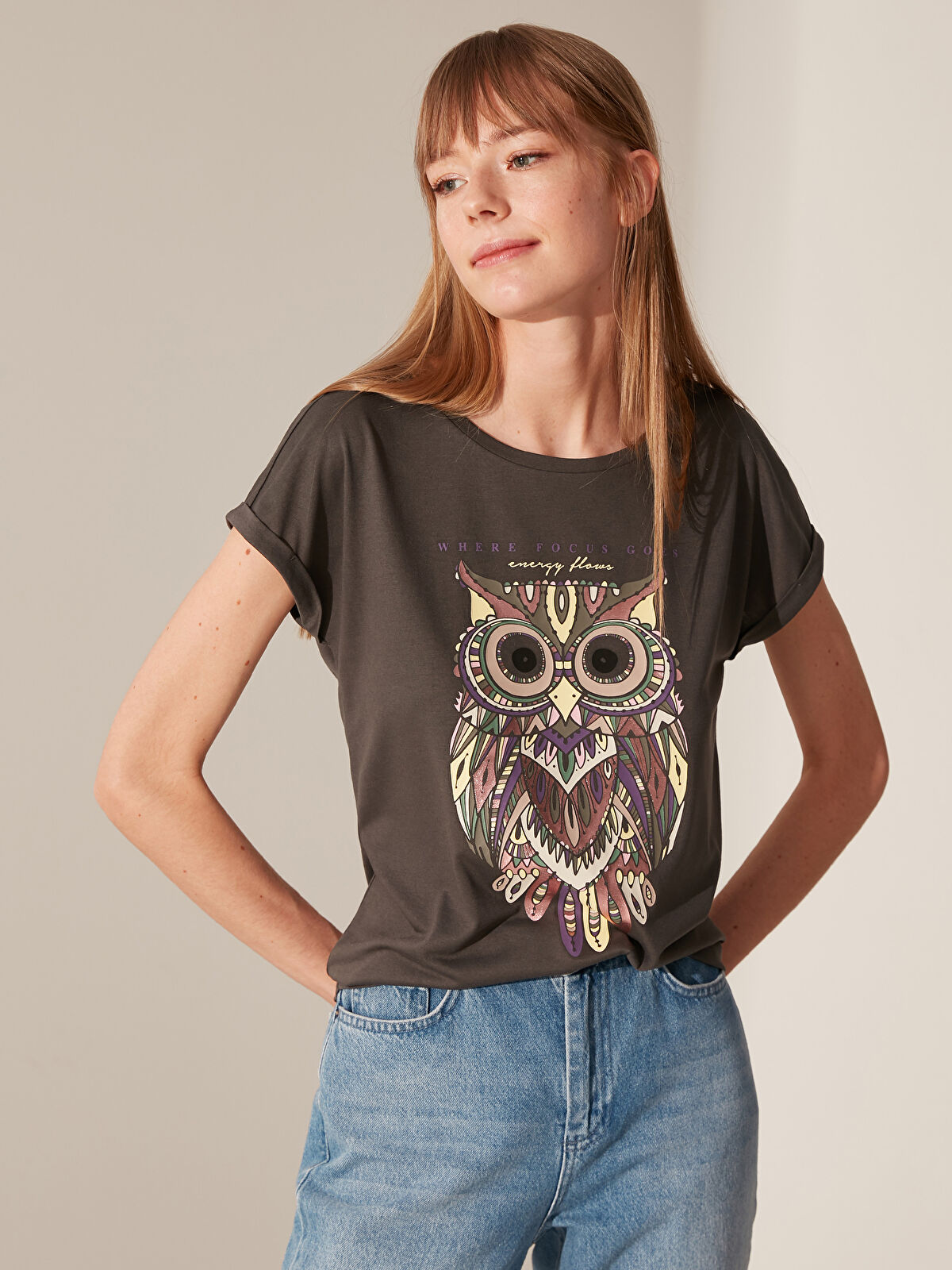 Baykuş Baskılı Kısa Kollu Kadın Tişört