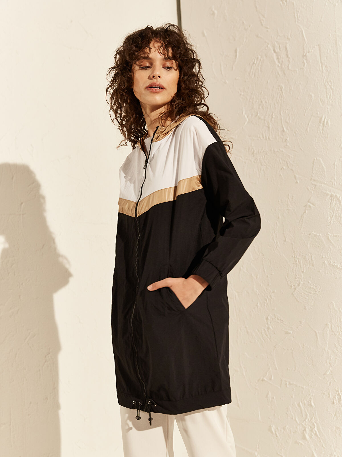 Renk Bloklu Fermuarlı Kapüşonlu Tunik