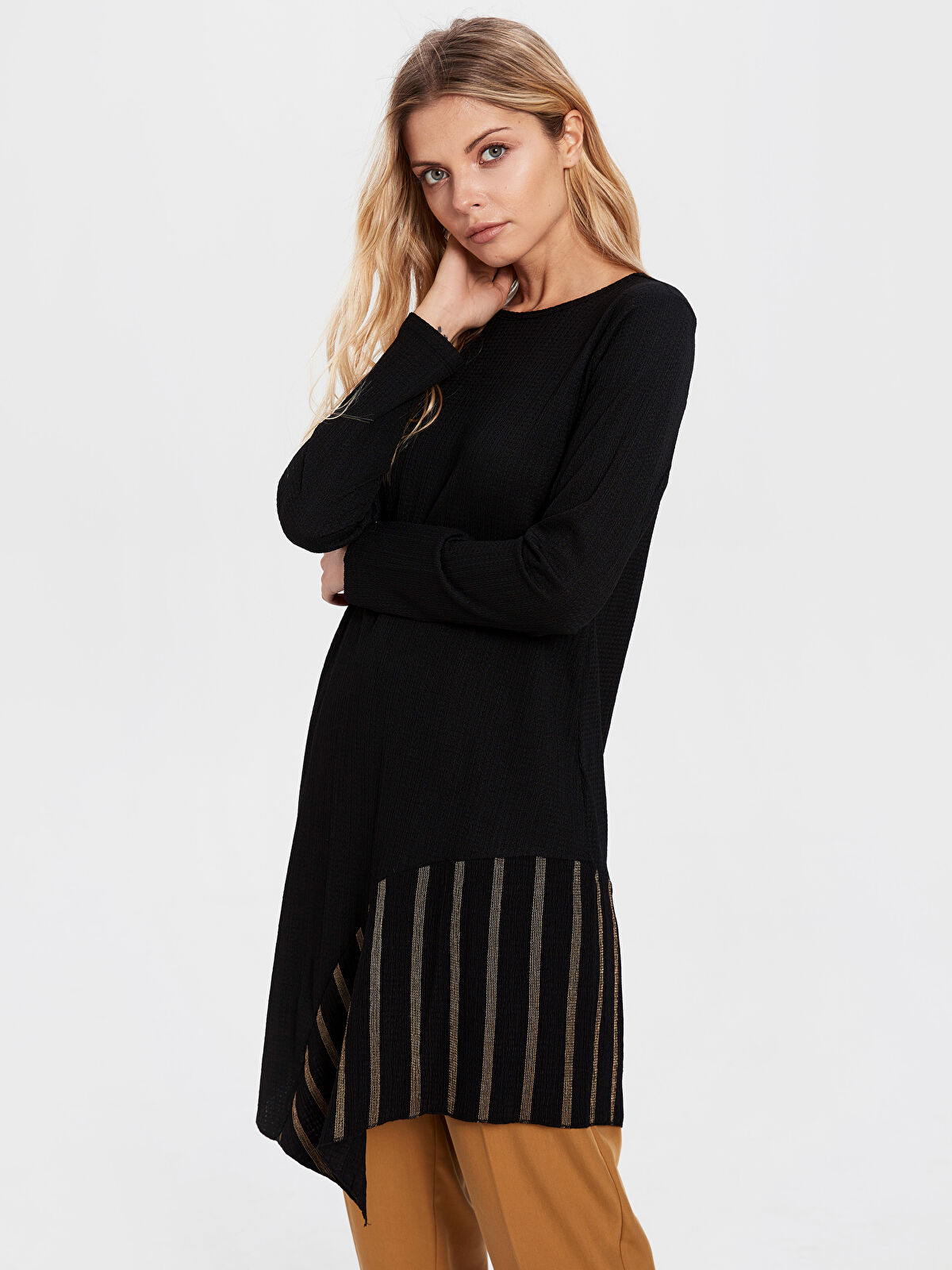 Bisiklet Yaka Çizgili Uzun Kollu Krep Kumaştan Kadın Tunik