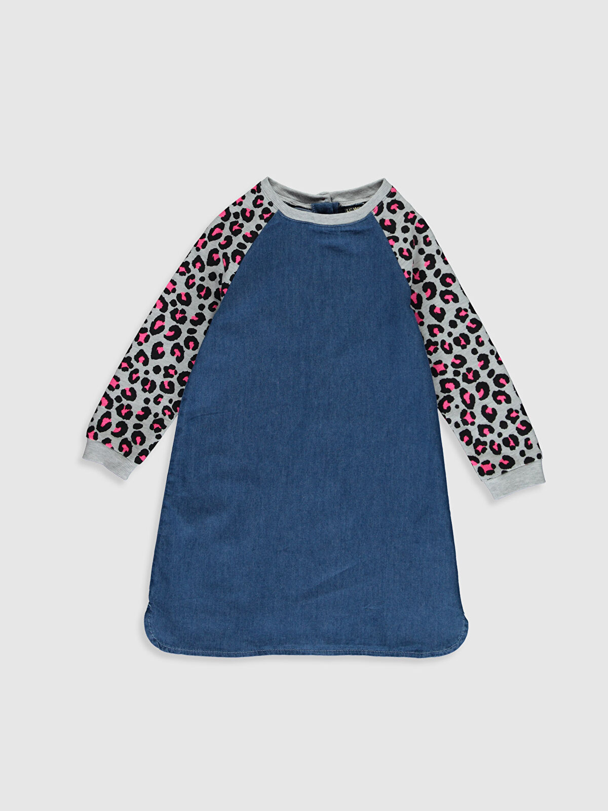 Bisiklet Yaka Baskılı Uzun Kollu Kız Çocuk Jean Elbise
