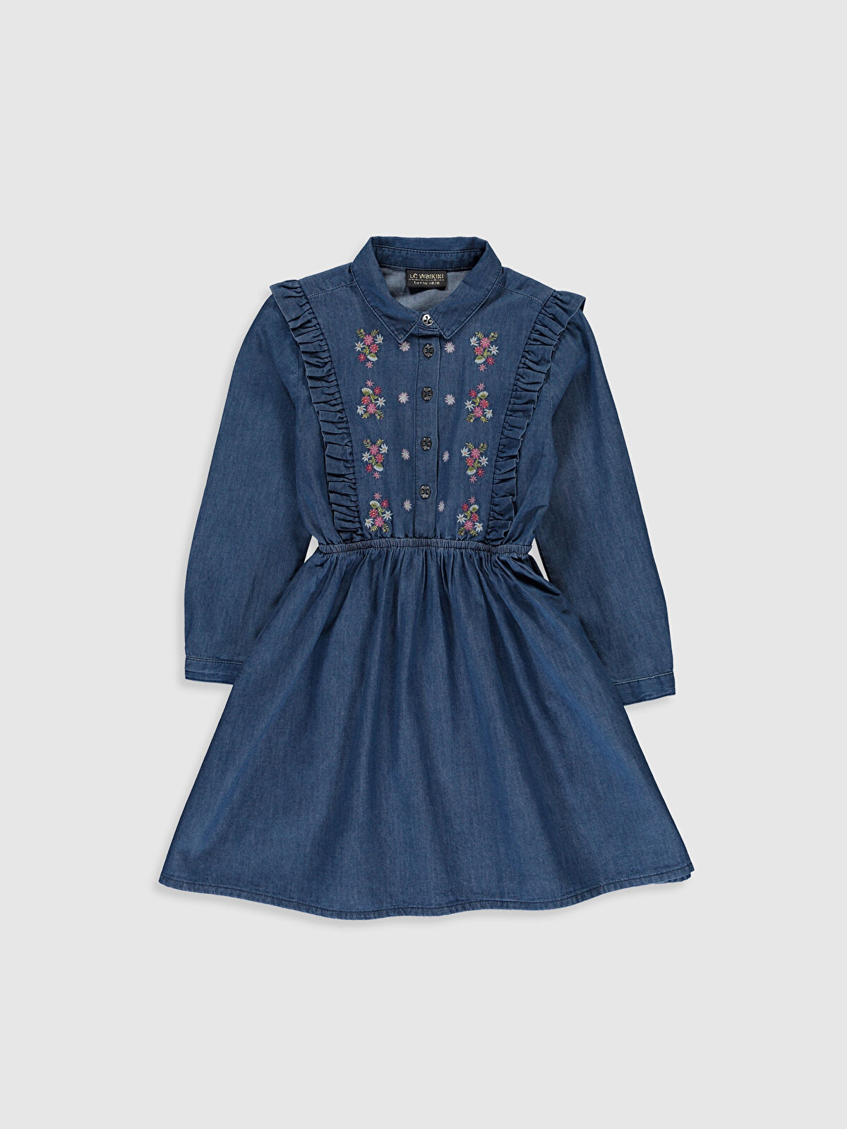 Bisiklet Yaka Nakışlı Kız Çocuk Jean Elbise